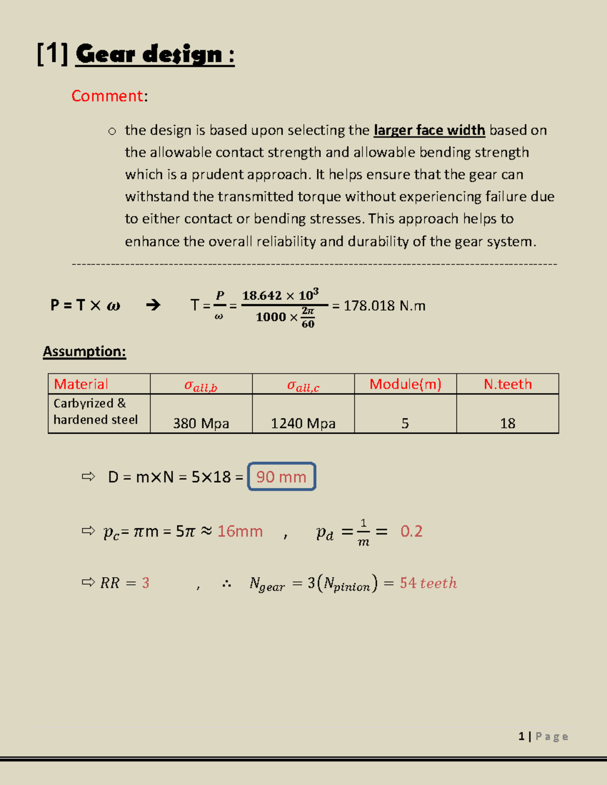 Rr - ghch - [ 1 ] Gear design : Comment: o the design is based upon ...