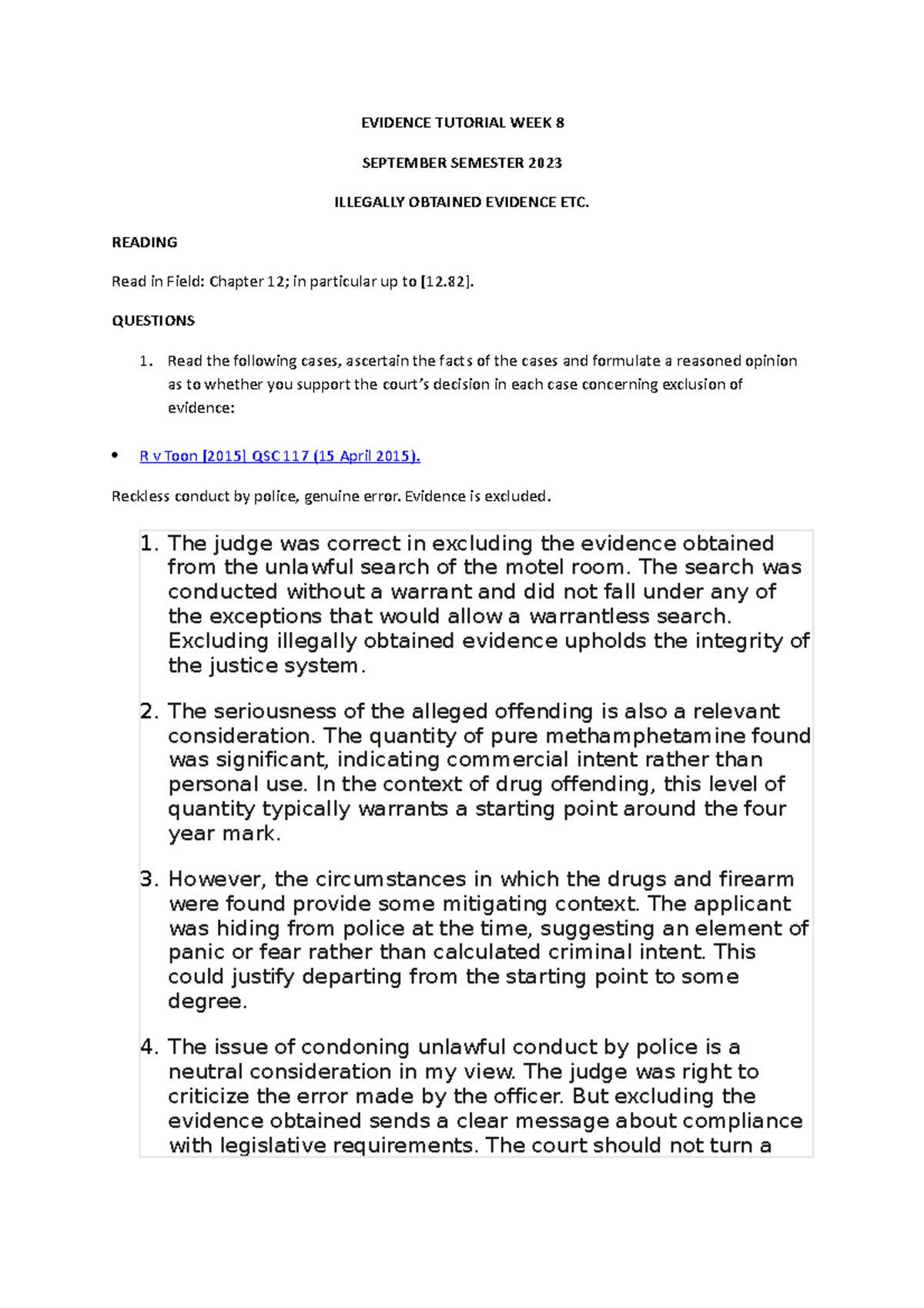 Evidence Tutorial WEEK 8 2023 Illegal Evidence - EVIDENCE TUTORIAL WEEK ...