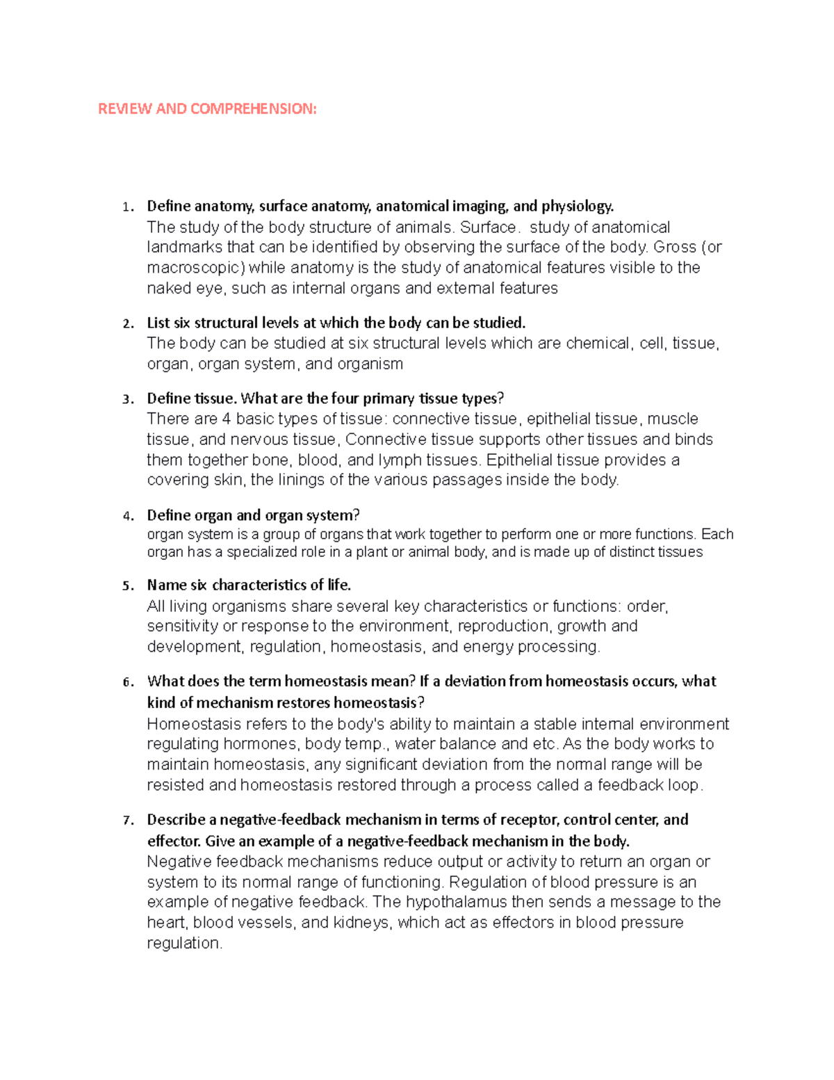 HAPL Module - REVIEW AND COMPREHENSION: 1. Define anatomy, surface ...