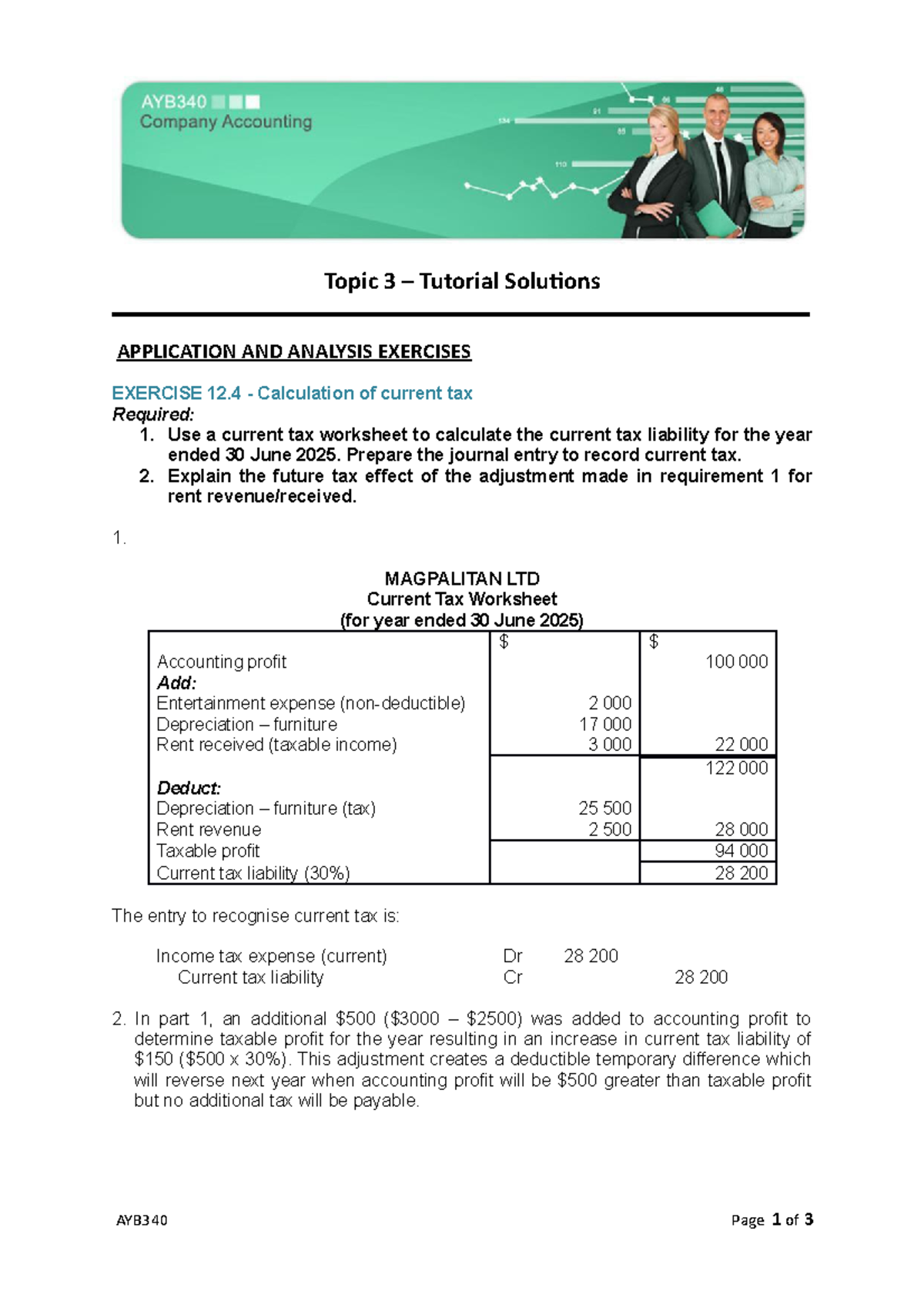 AYB340 Tutorial 3 Solutions - Topic 3 – Tutorial Solutions APPLICATION ...