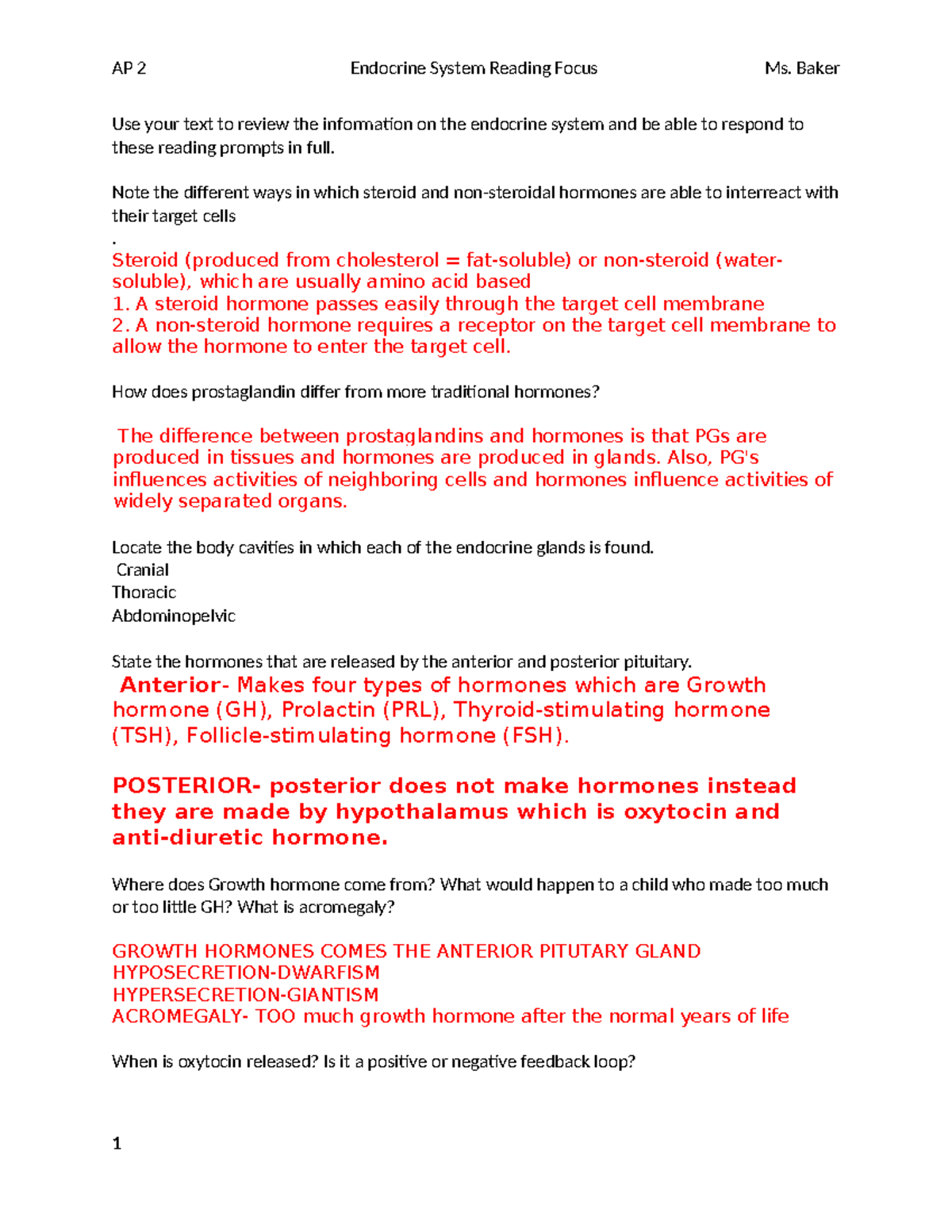 AP 2 Endocrine Reading Focus 2022 - Use your text to review the ...