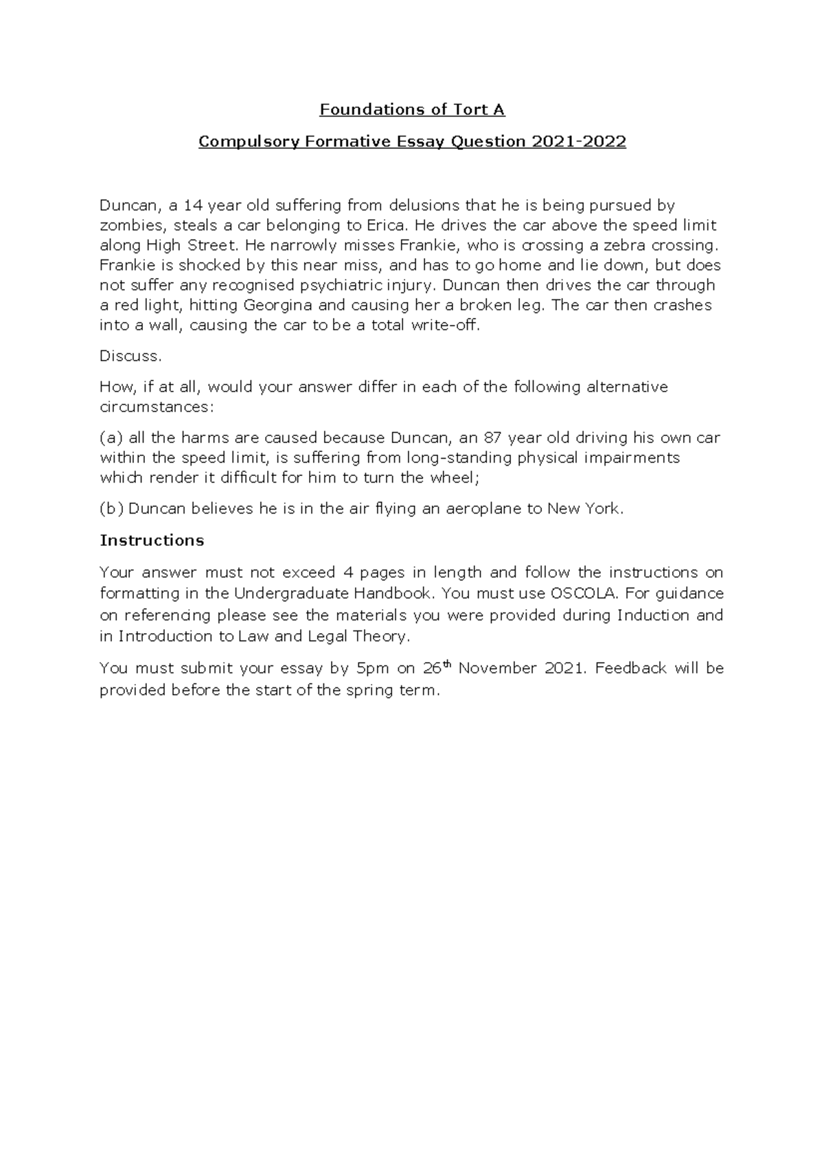 Tort Semester 1 Formative Essay 2021-2022 - Foundations of Tort A ...
