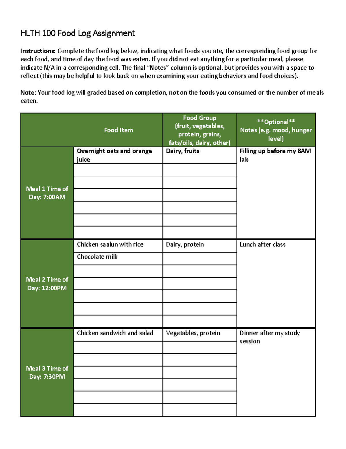 Food Log Fall 2021-JK-2 - HLTH 100 Food Log Assignment Instructions ...