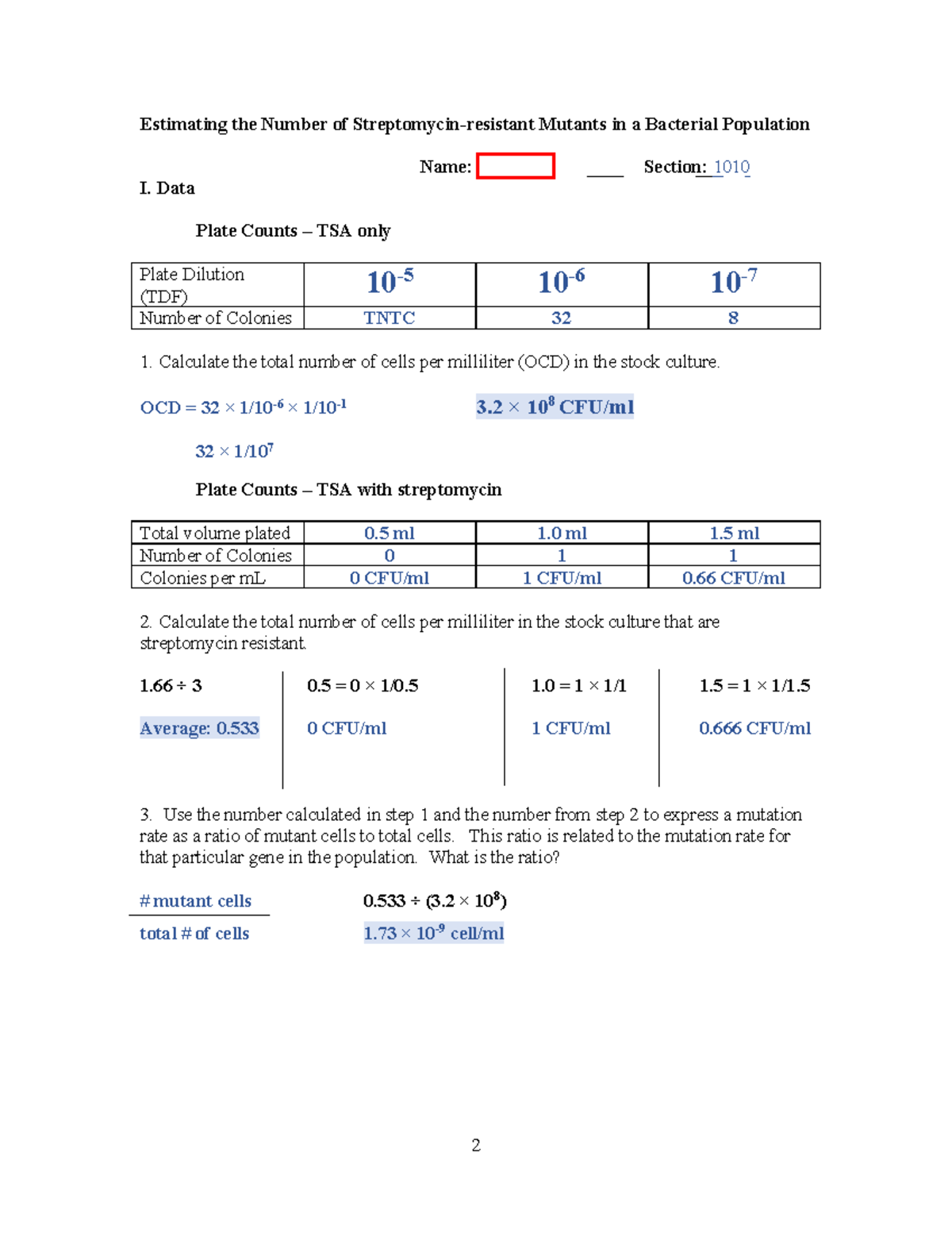 BIO245L - Lab #10 - Selection of Mutants - 2 Estimating the Number of Streptomycin-resistant ...