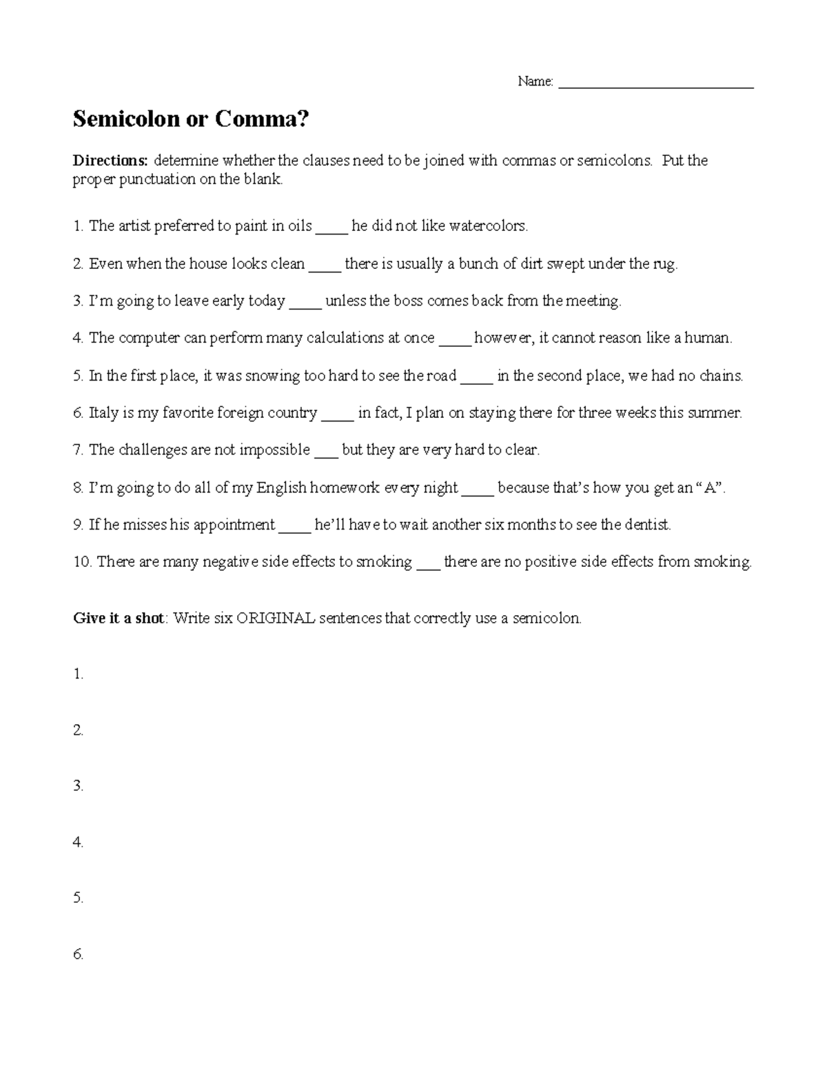 Semicolons or commas worksheet - Name ...