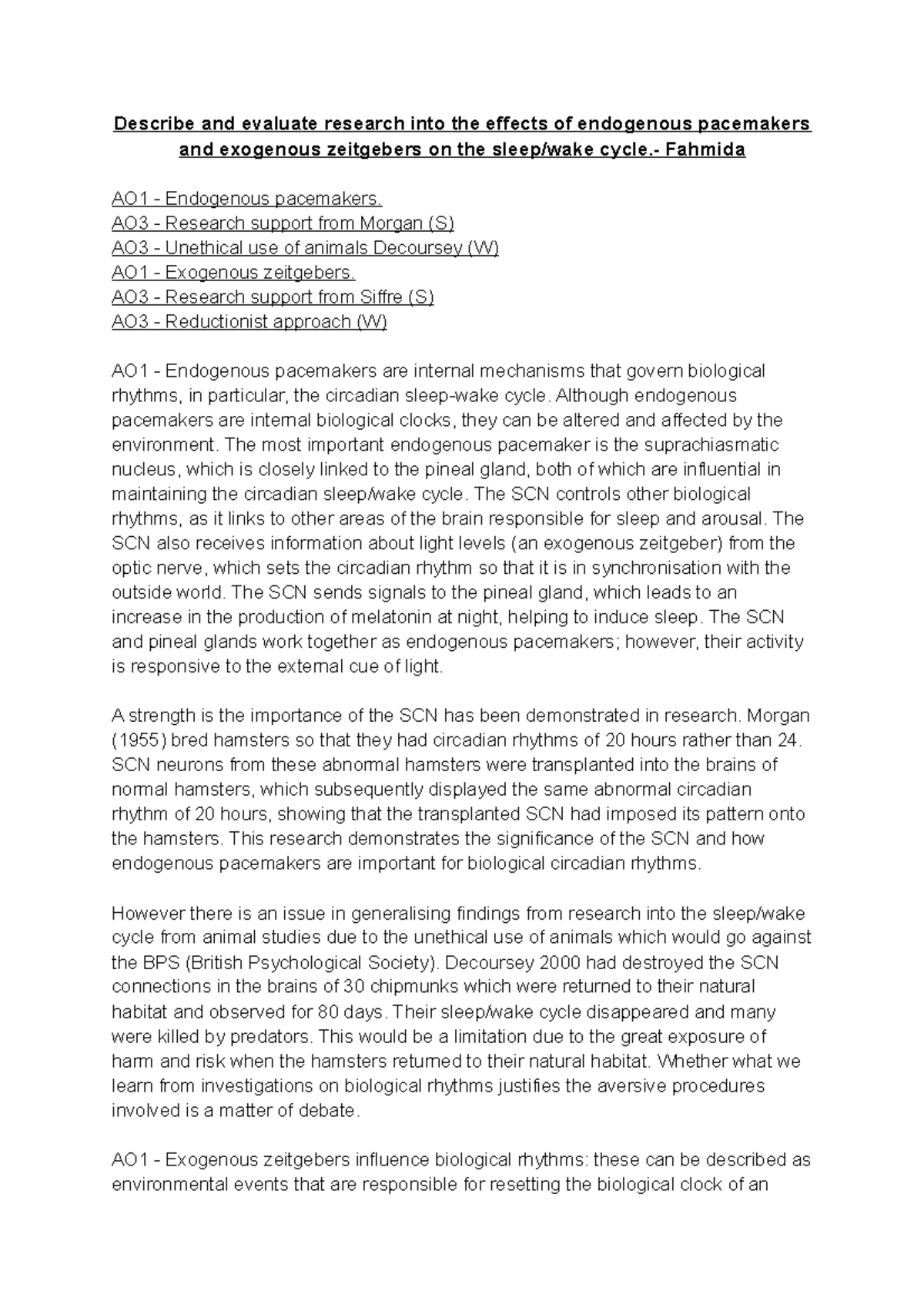 Endogenous Pacemakers and Exogenous Zeitgebers on the Sleep Wake Cycle ...