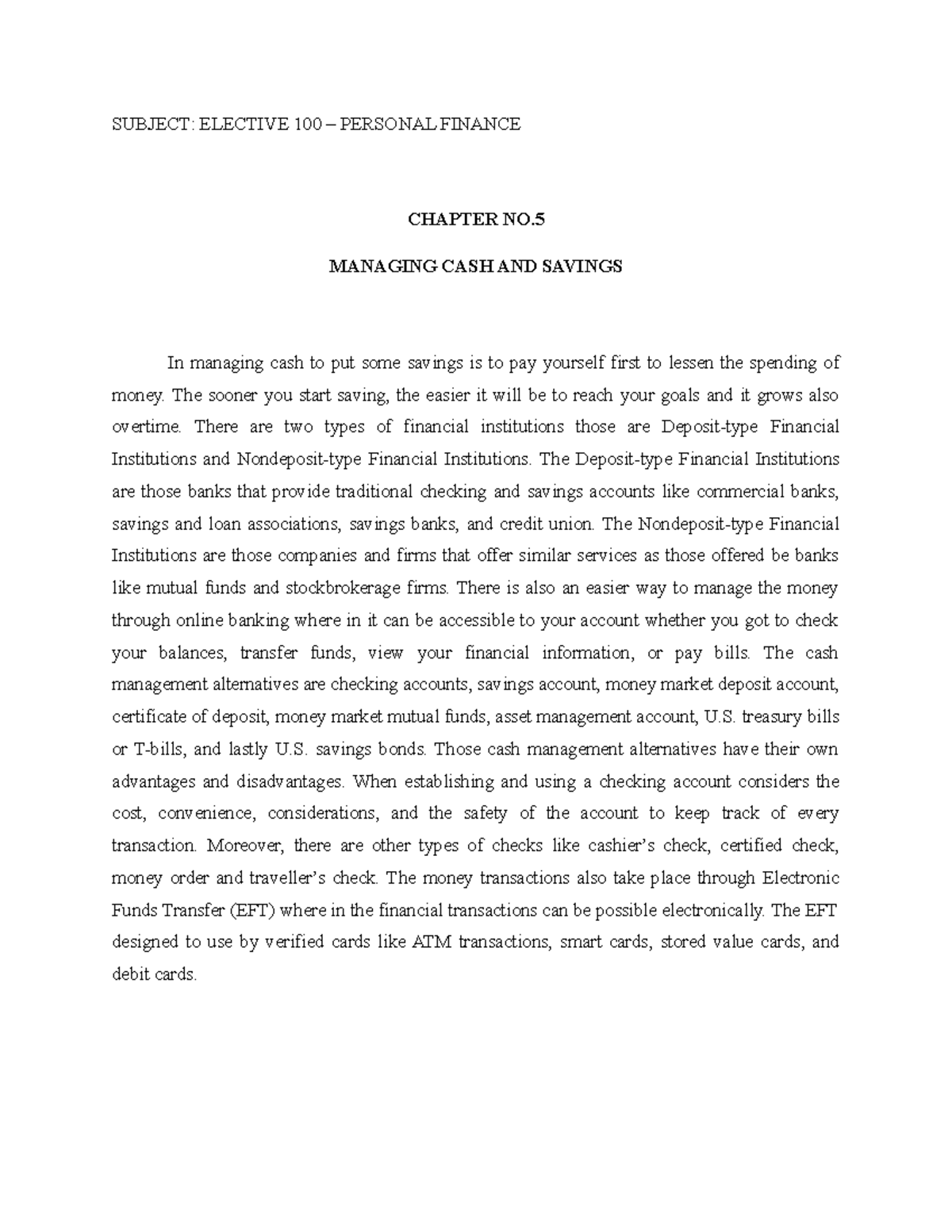 Personal Finance - SUBJECT: ELECTIVE 100 – PERSONAL FINANCE CHAPTER NO ...