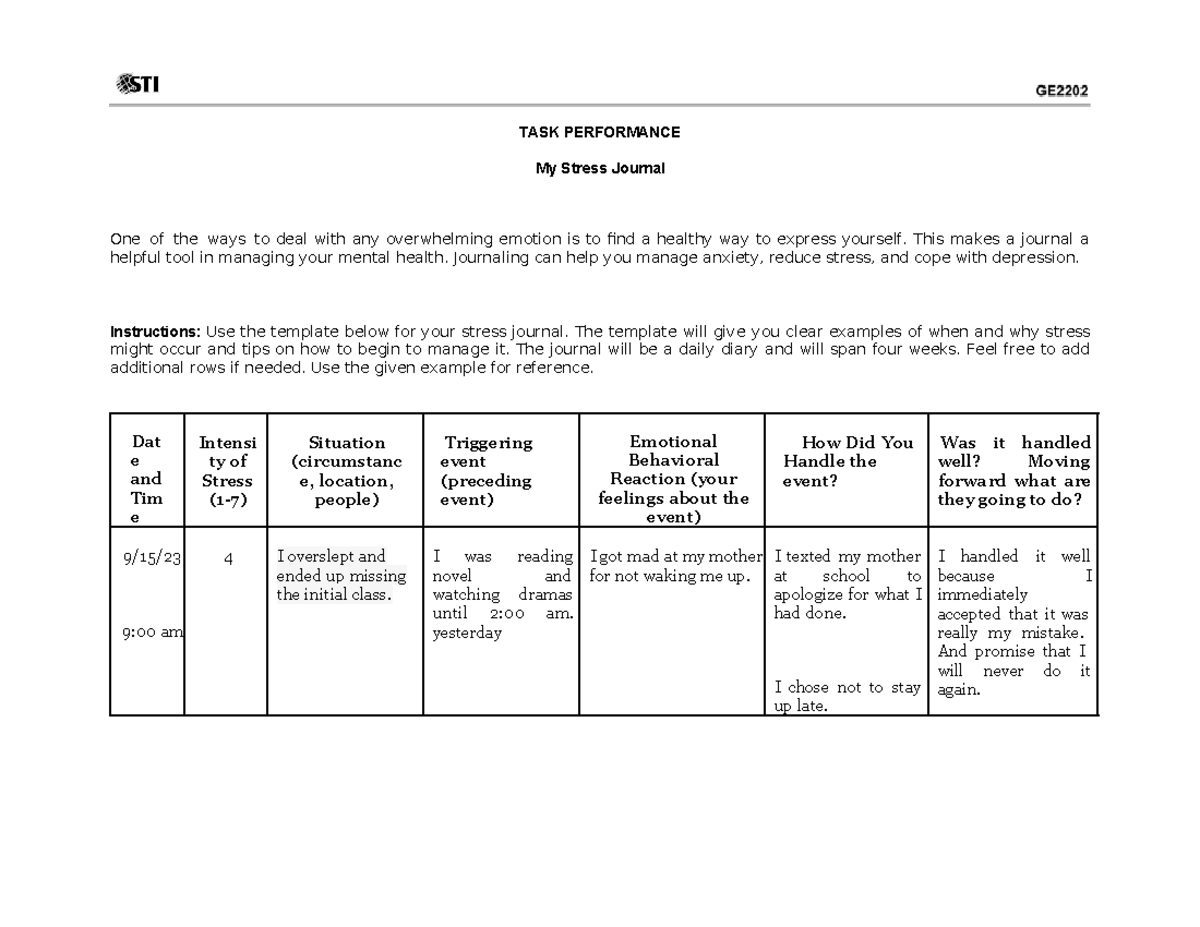02 Task Performance 1-Euthenics - TASK PERFORMANCE My Stress Journal ...