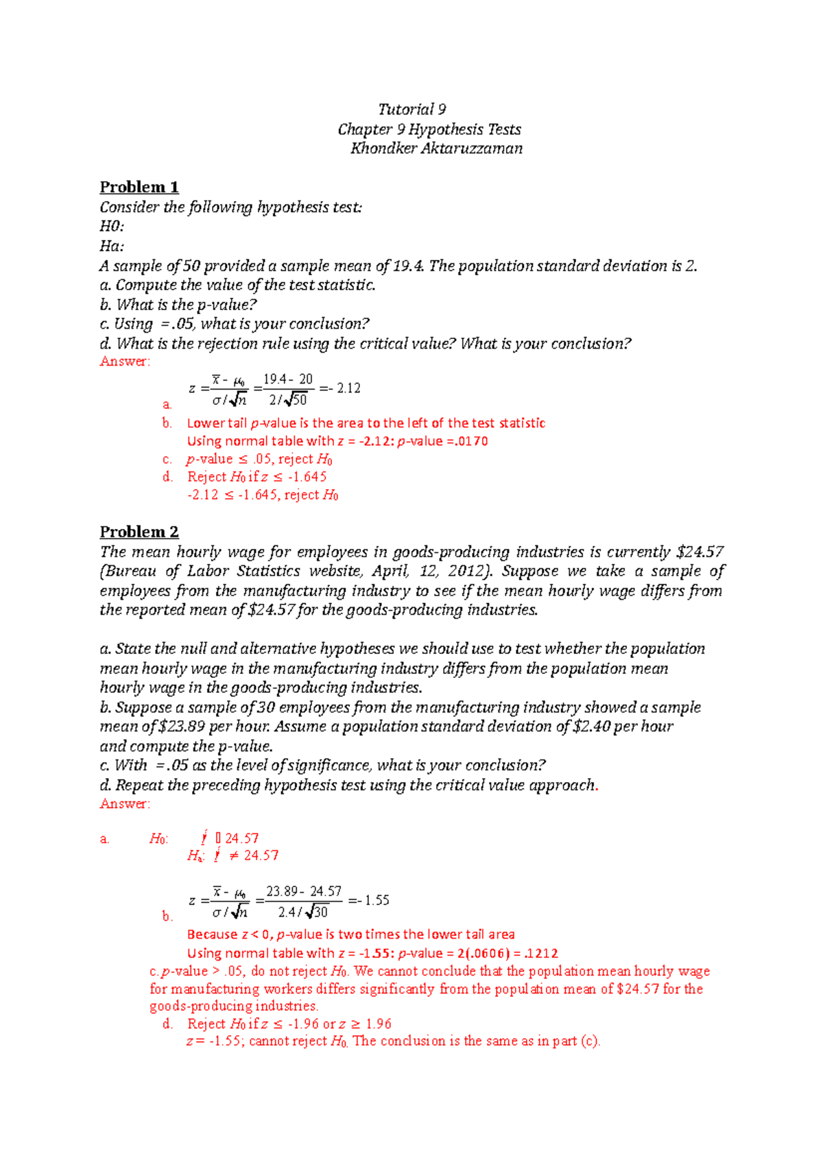 Tutorial 9 Solution Answer Tutorial 9 Chapter 9 Hypothesis Tests