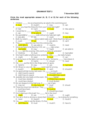 8A1 - Test 7.11 - 1 - Test Tiếng Anh 1 - GRAMMAR TEST 1 7 November 2023 ...