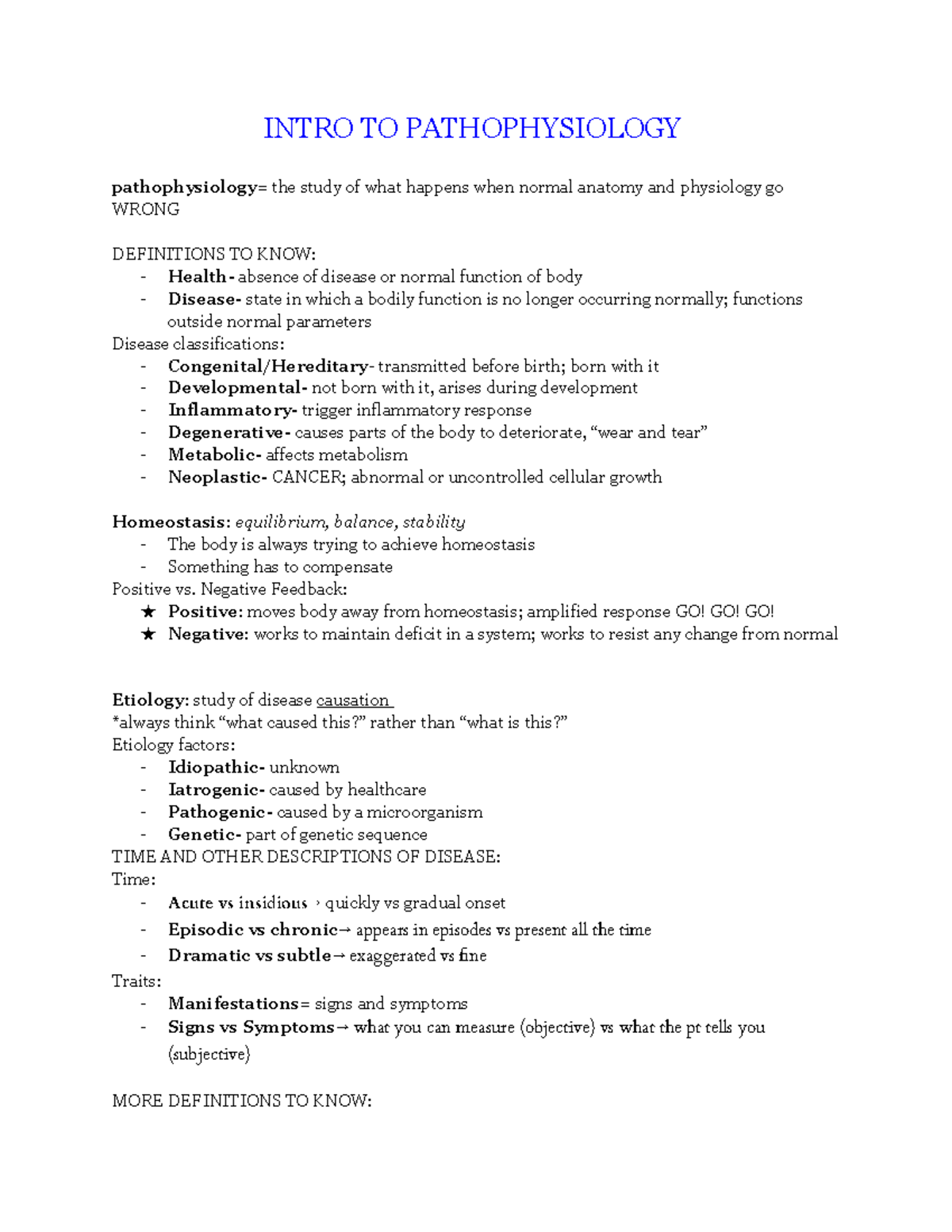 Patho Exam 1 study guide - INTRO TO PATHOPHYSIOLOGY pathophysiology ...