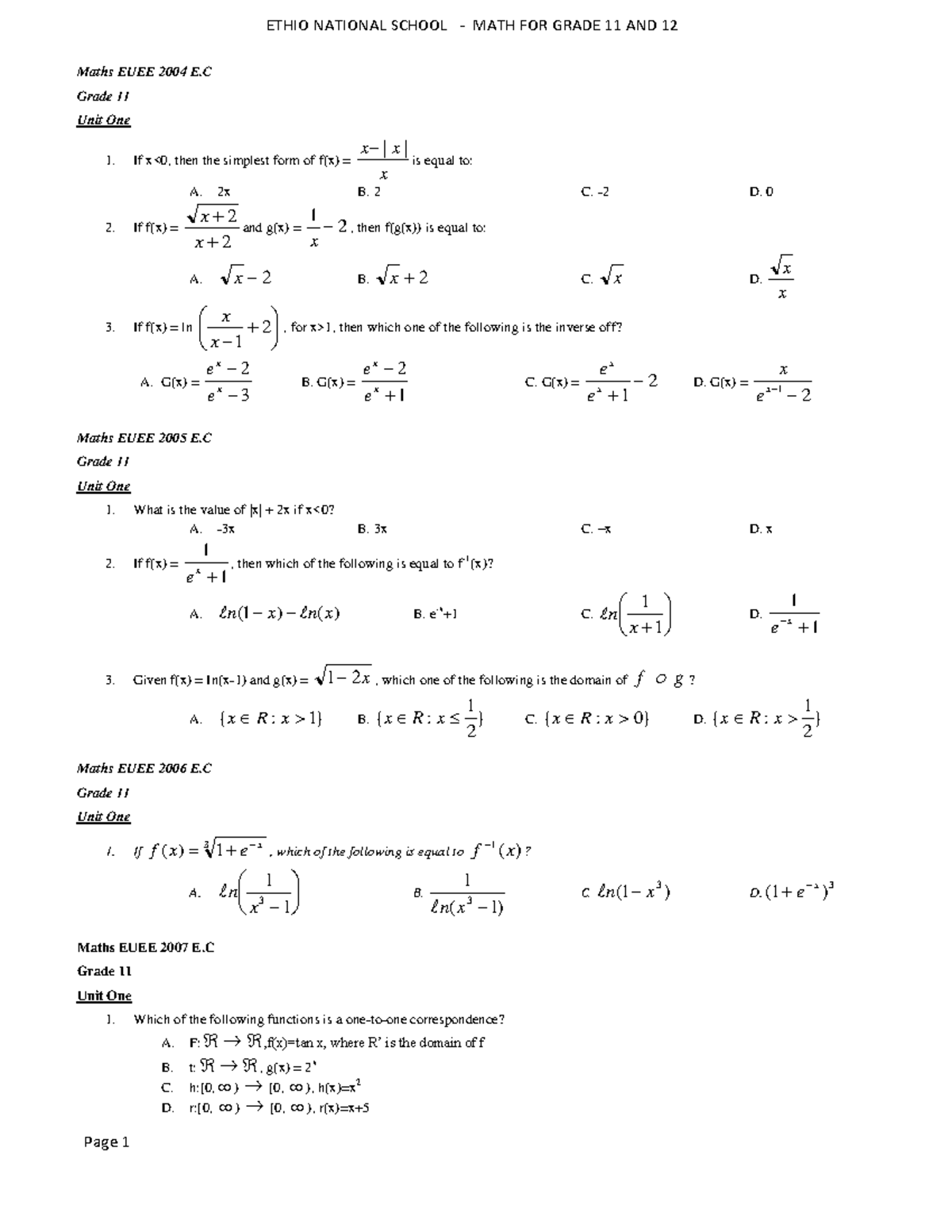 Maths Entrance Exam for Grade 11 & 12 - Maths EUEE 2004 E Grade 11 Unit ...