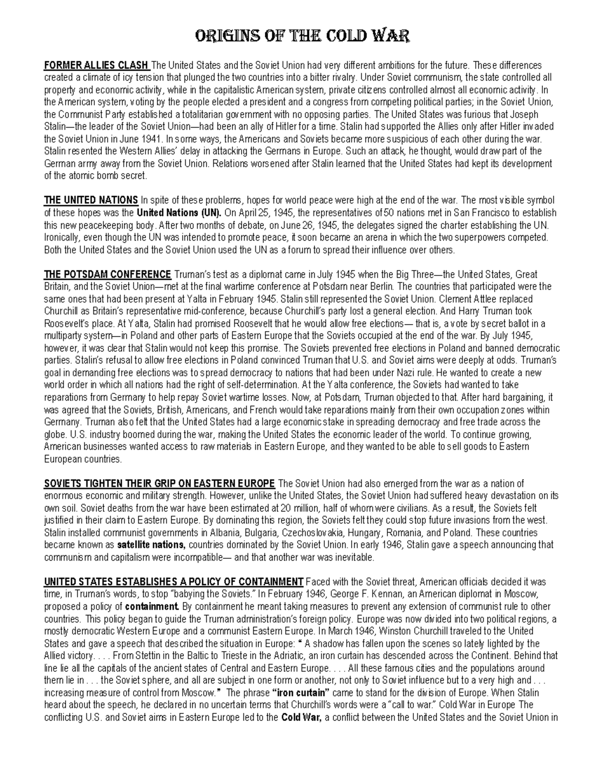 Origins of the Cold War - Origins of the Cold War FORMER ALLIES CLASH ...