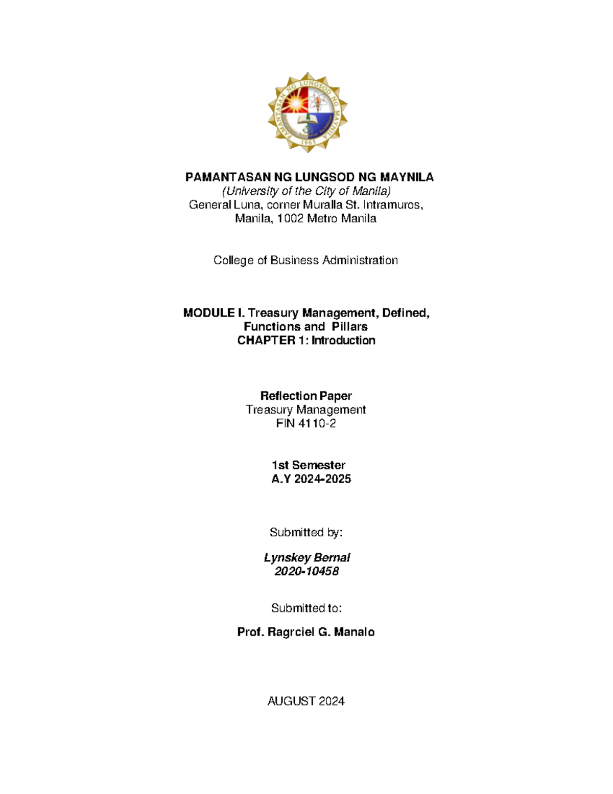 Module 1 Chapter 1 Reflection Paper TM - PAMANTASAN NG LUNGSOD NG ...