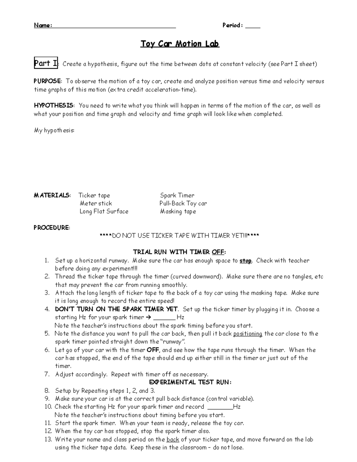 Toy Car Motion Lab - Name: _________________________________ Period ...