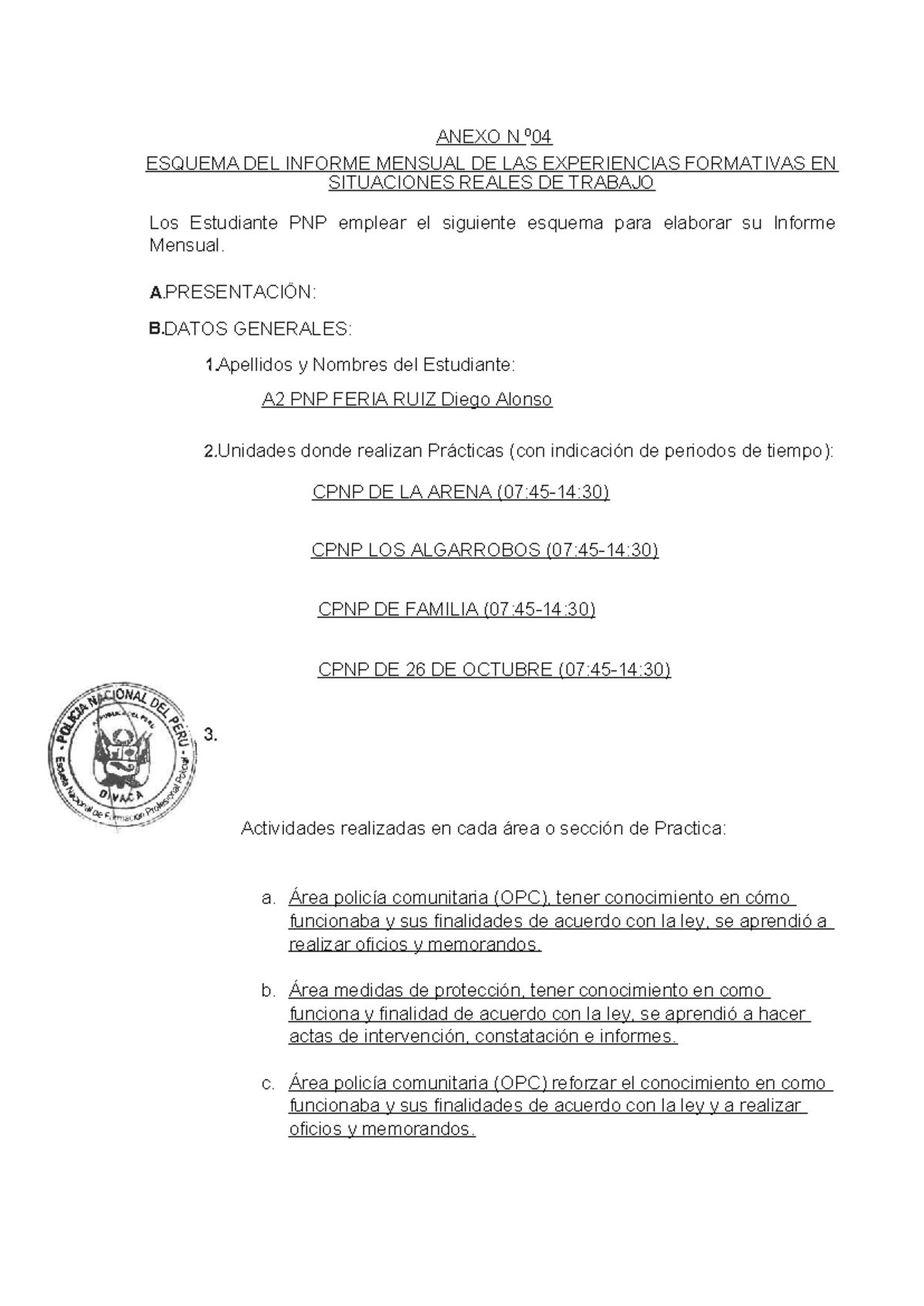Modelo DE Informe Alumnos PNP - ANEXO N 004 ESQUEMA DEL INFORME MENSUAL ...