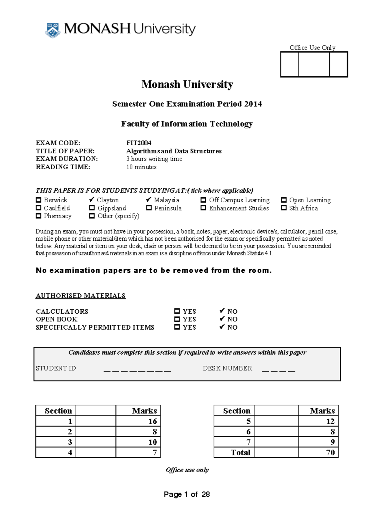 Exam June 2014, questions - Office Use Only Monash University Semester ...