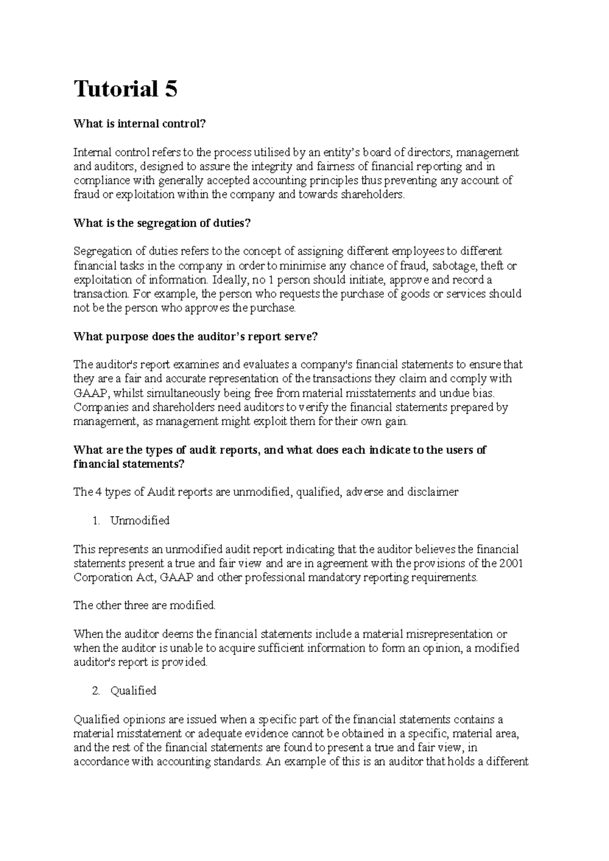 Tutorial 5 - Tutorial 5 What is internal control? Internal control ...
