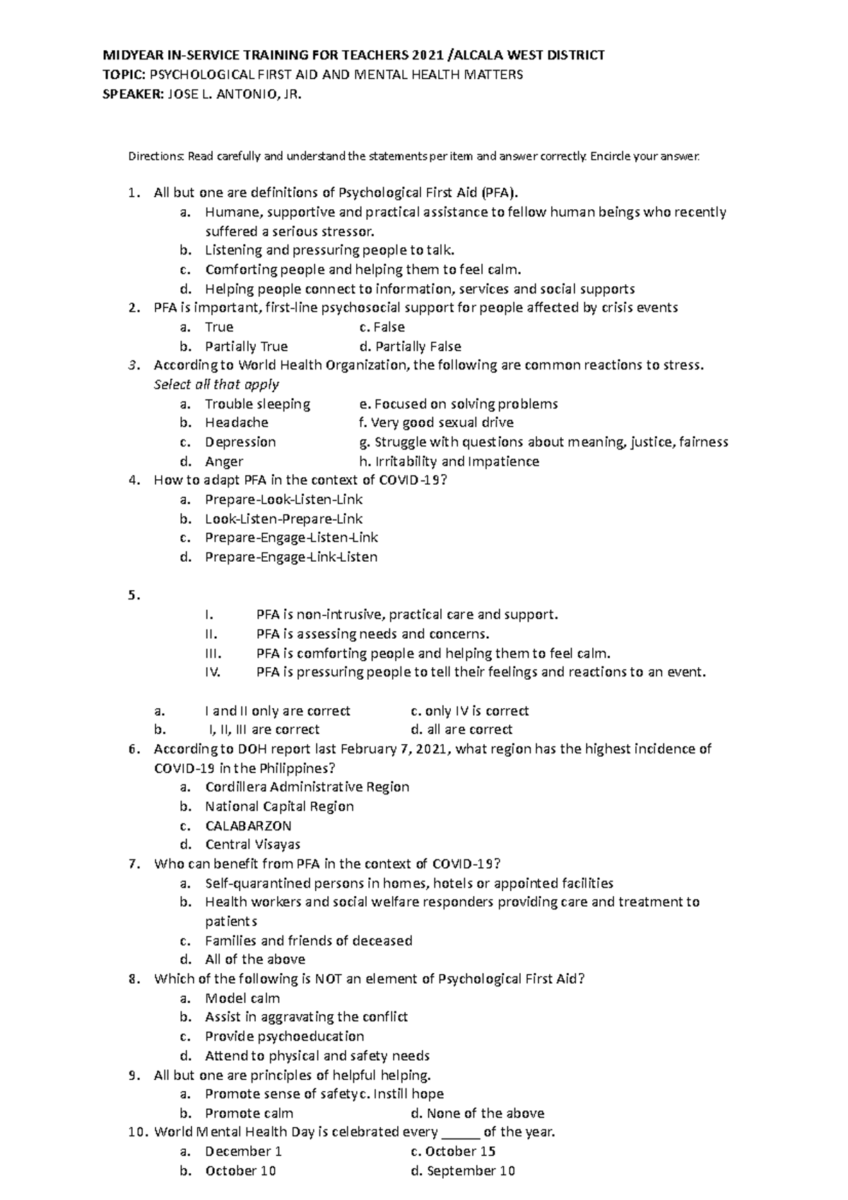 QUIZ PFA - PFA - MIDYEAR IN-SERVICE TRAINING FOR TEACHERS 2021 /ALCALA ...