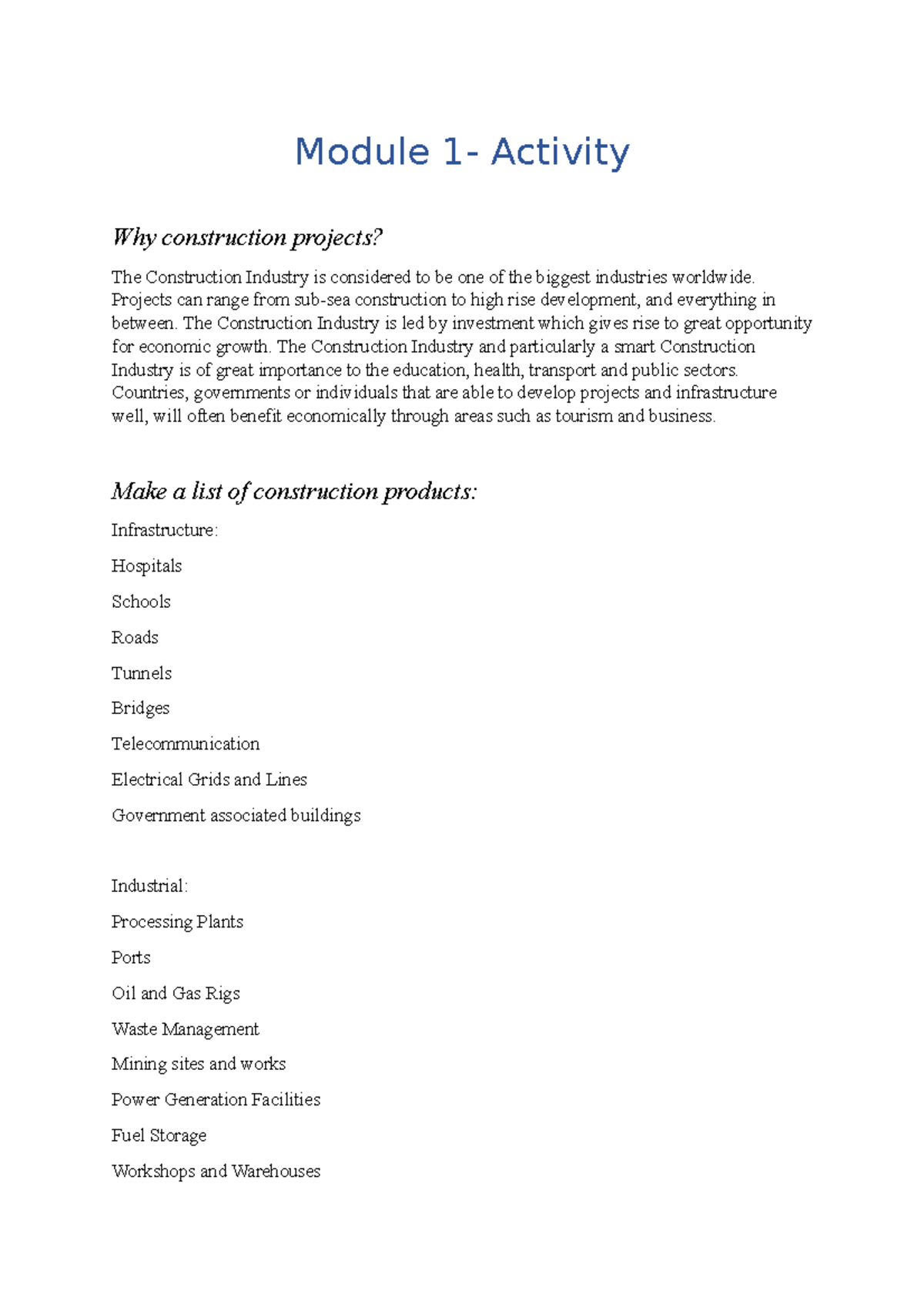 Module 1- Construction Industry Management - Module 1- Activity Why ...