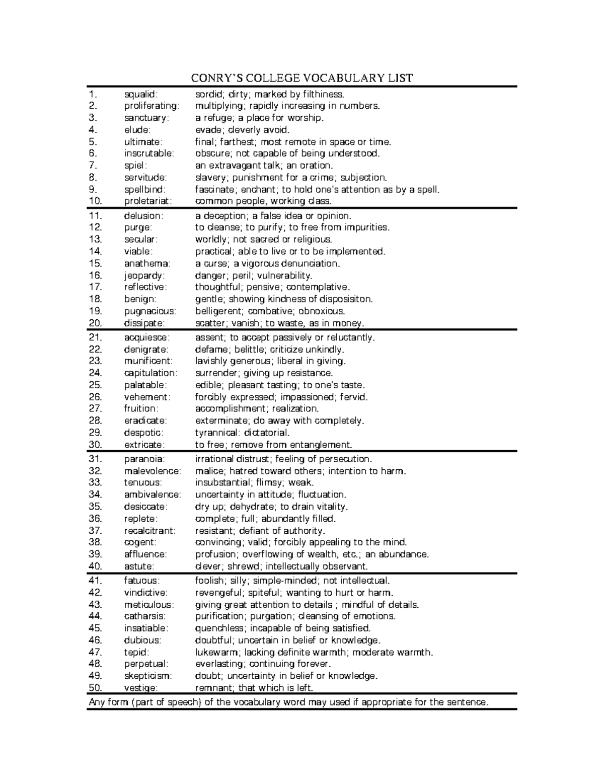 Vocabulary LIST - vocab list - CONRY’S COLLEGE VOCABULARY LIST squalid ...