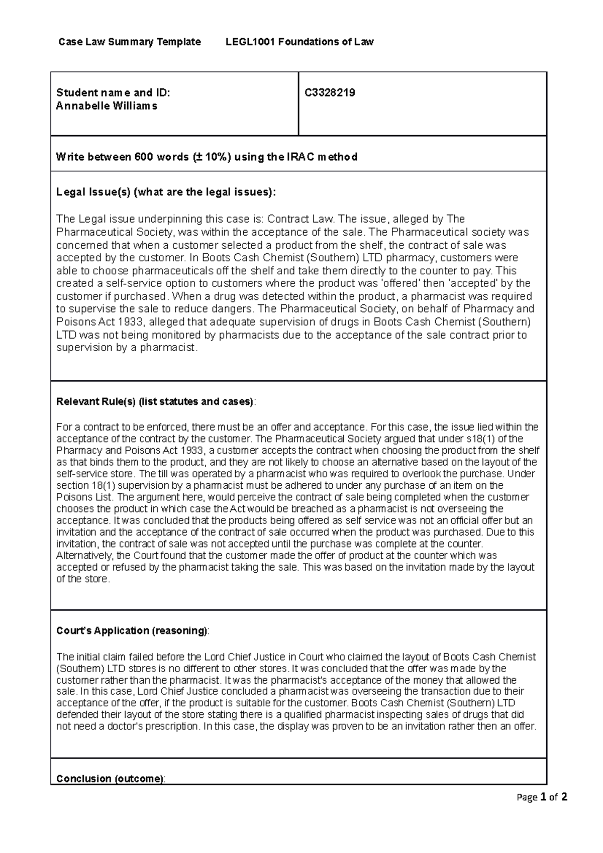 IRAC1 LEGL1001 Pharmaceutical Society 10/10 Result - Case Law Summary ...