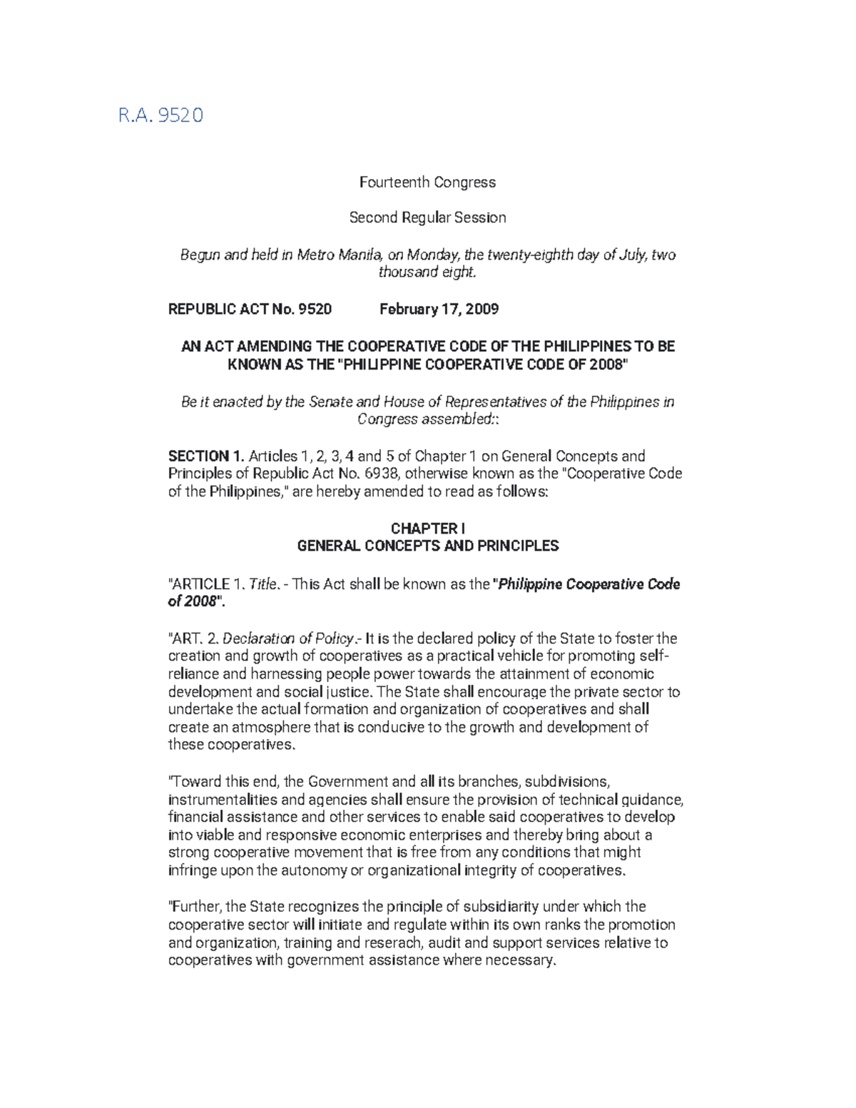 RA 9520 Cooperative - R. 9520 Fourteenth Congress Second Regular ...