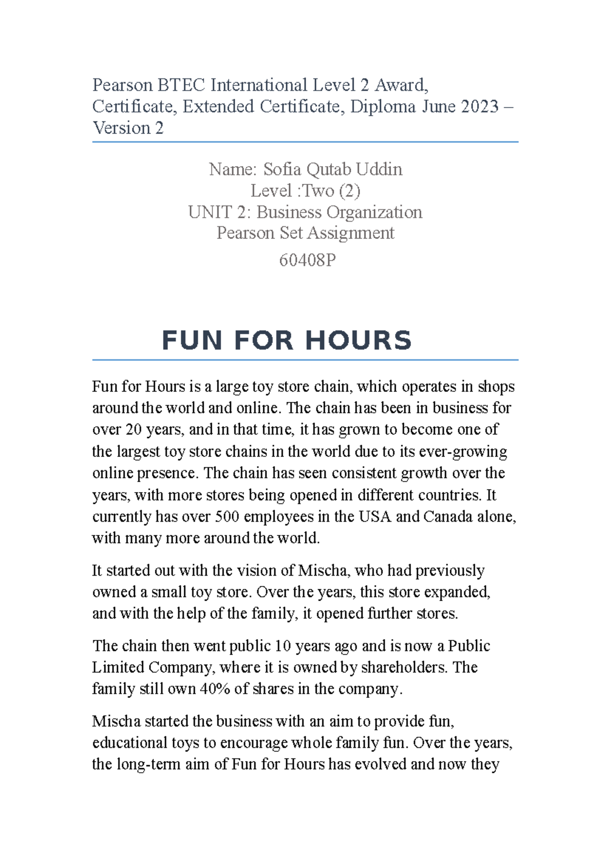 Assignment 2 - ass - Pearson BTEC International Level 2 Award, Certificate, Extended Certificate ...