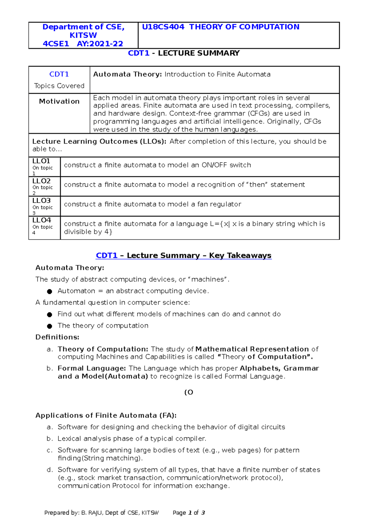 Toc Cdt2 Summary Introduction To Finite Automata Department Of Cse