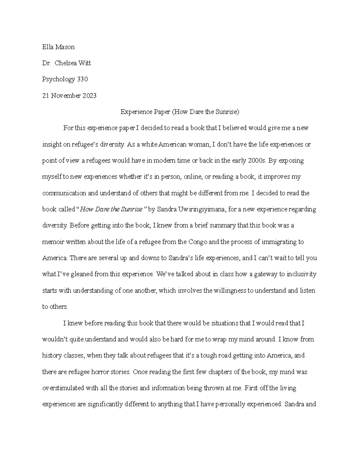 Experience Paper #2 - Example - Ella Mason Dr. Chelsea Witt Psychology ...
