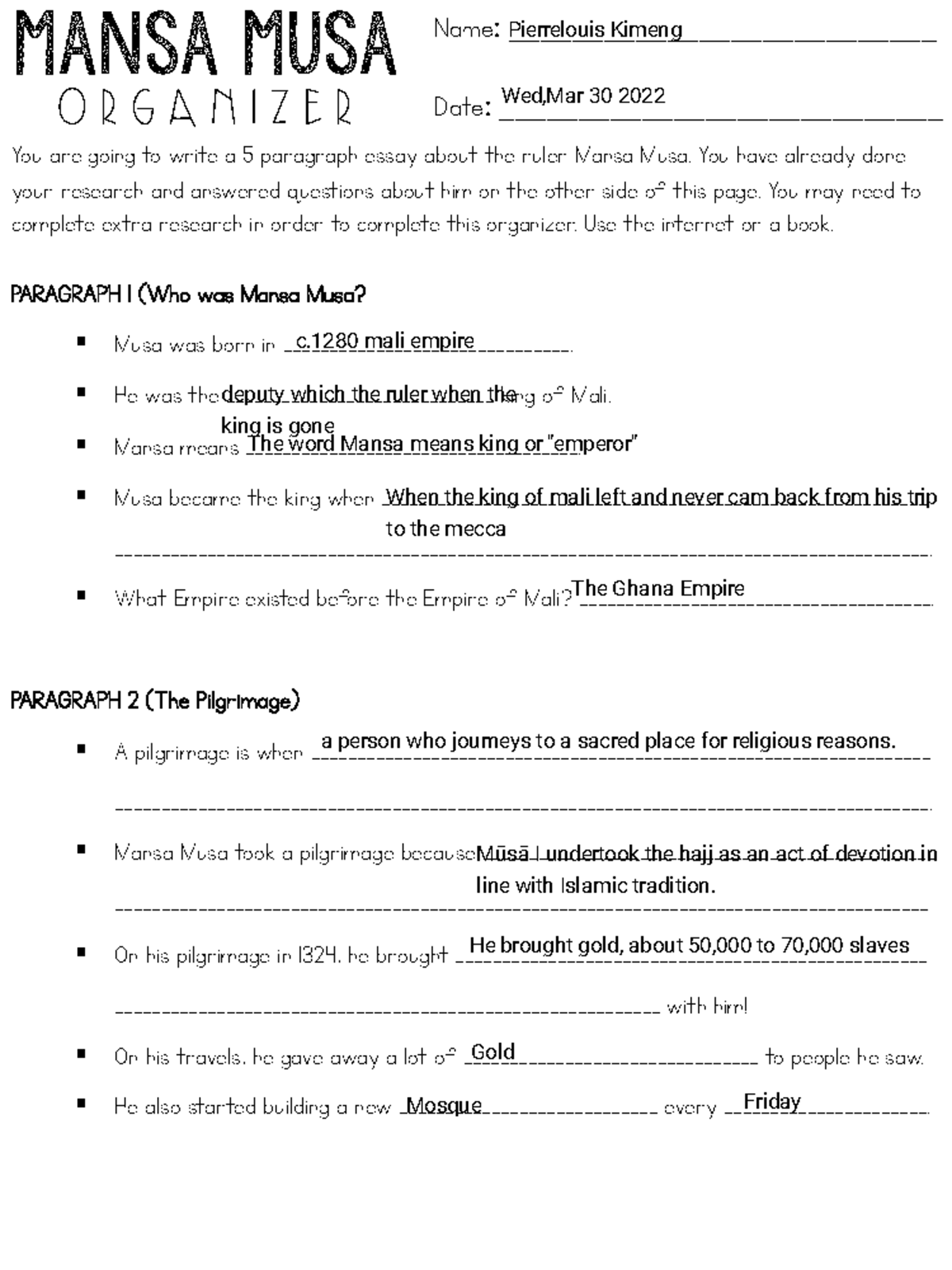 Pierrelouis Kimeng - Mansa Musa Essay - Mansa Musa O R G A N I Z E R ...