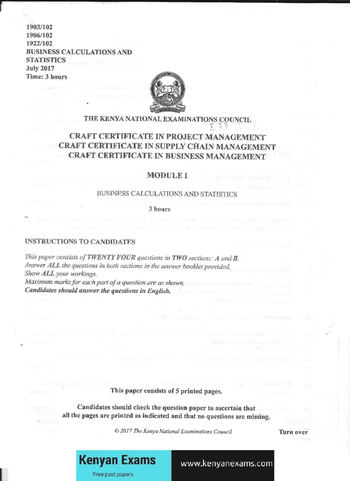 Business calculations and statistics cert july 2017 - © 2017 - Studocu