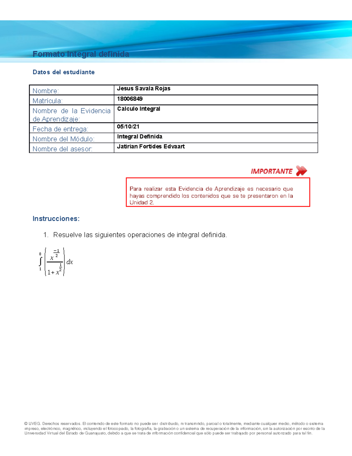 Savala Jesus Integraldefinida - Formato Integral definida Datos del ...