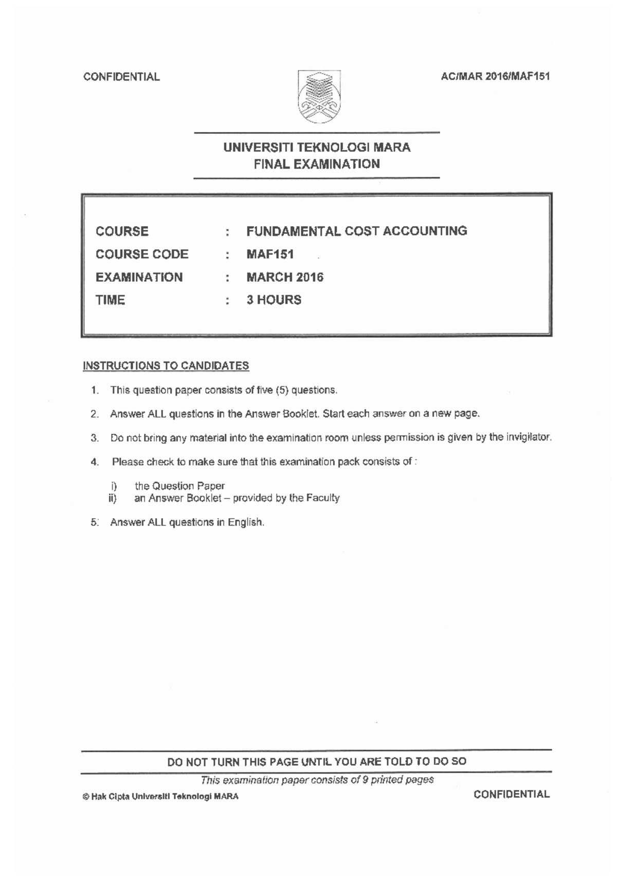 MAR2016 MAF151 - question - fundamental cost accounting - Studocu