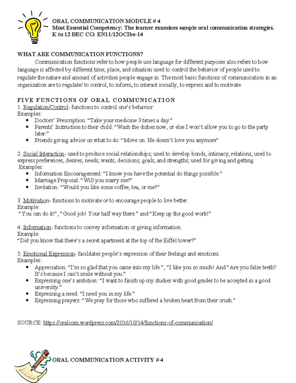 Modulesactivitysheetsoc - ORAL COMMUNICATION MODULE # 4 Most Essential ...
