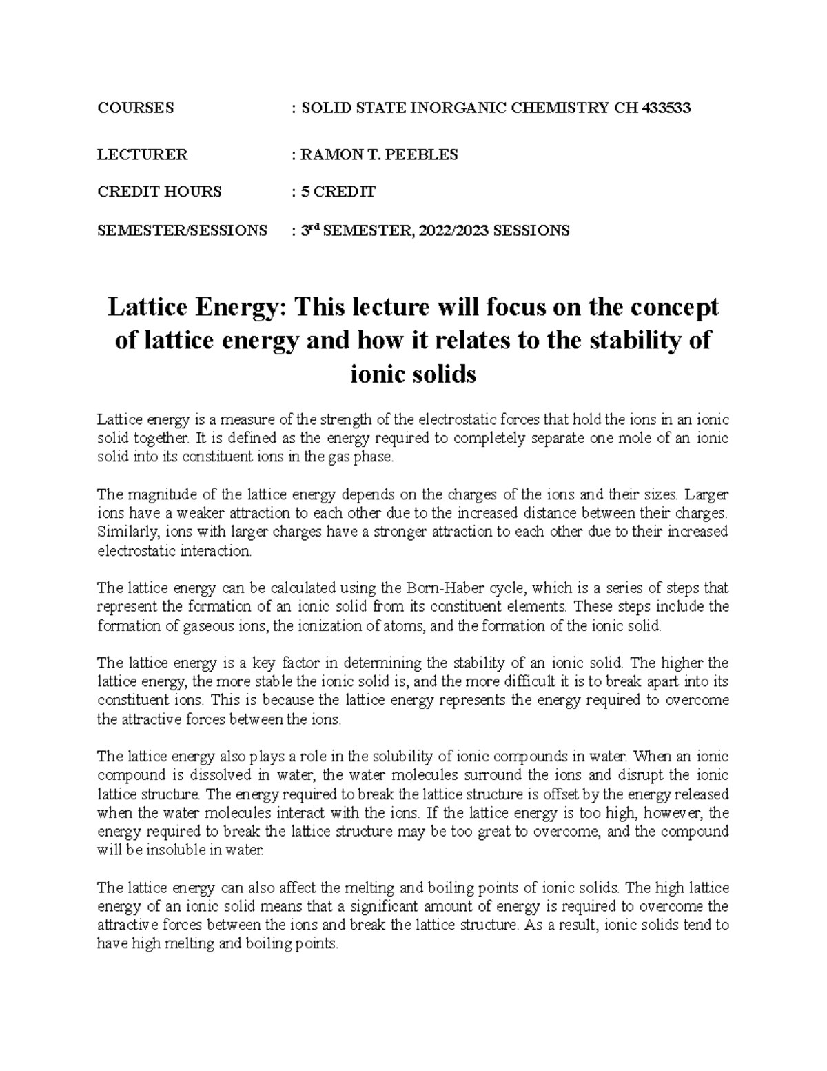 Lattice Energy-This lecture will focus on the concept of lattice energy ...