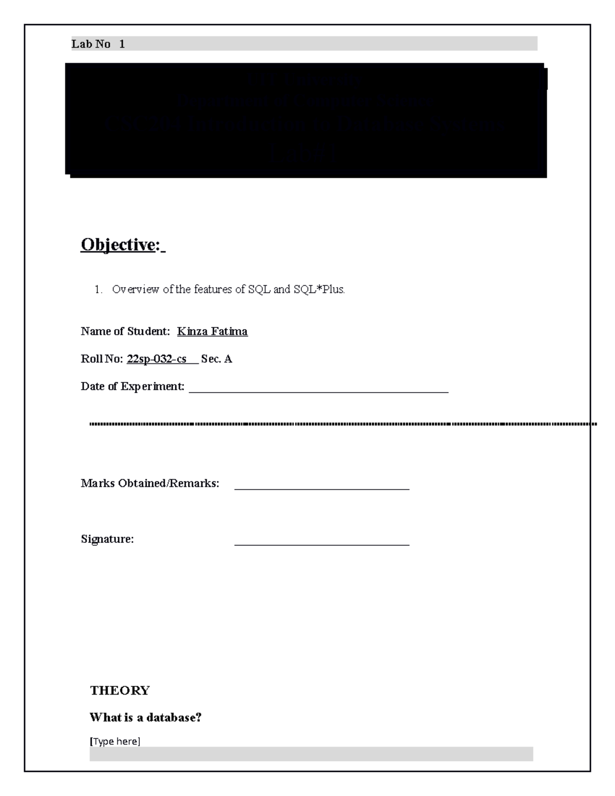 DB 1(22sp-032-cs) - lab manual - UIT University Department of Computer ...