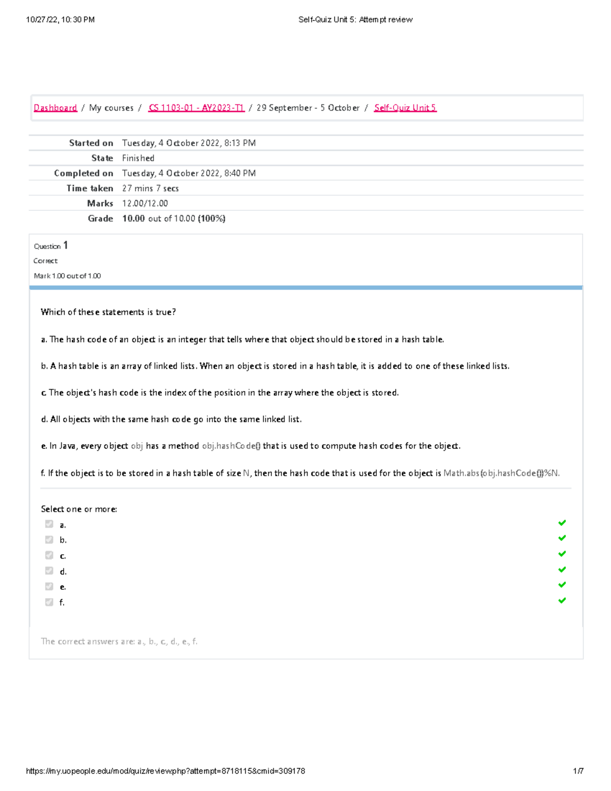 Self-Quiz Unit 5 Attempt review - Started on Tuesday, 4 October 2022, 8:13 PM State Finished ...