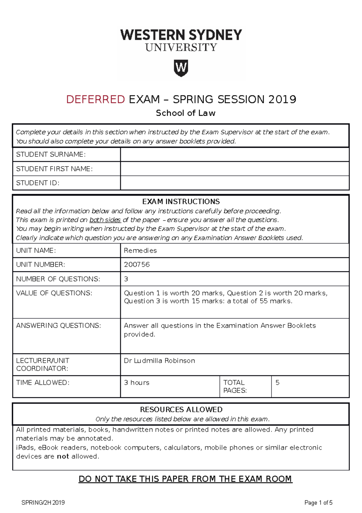 2007 56 Remedies Deferred Exam Spring 2019 - DEFERRED EXAM – SPRING ...