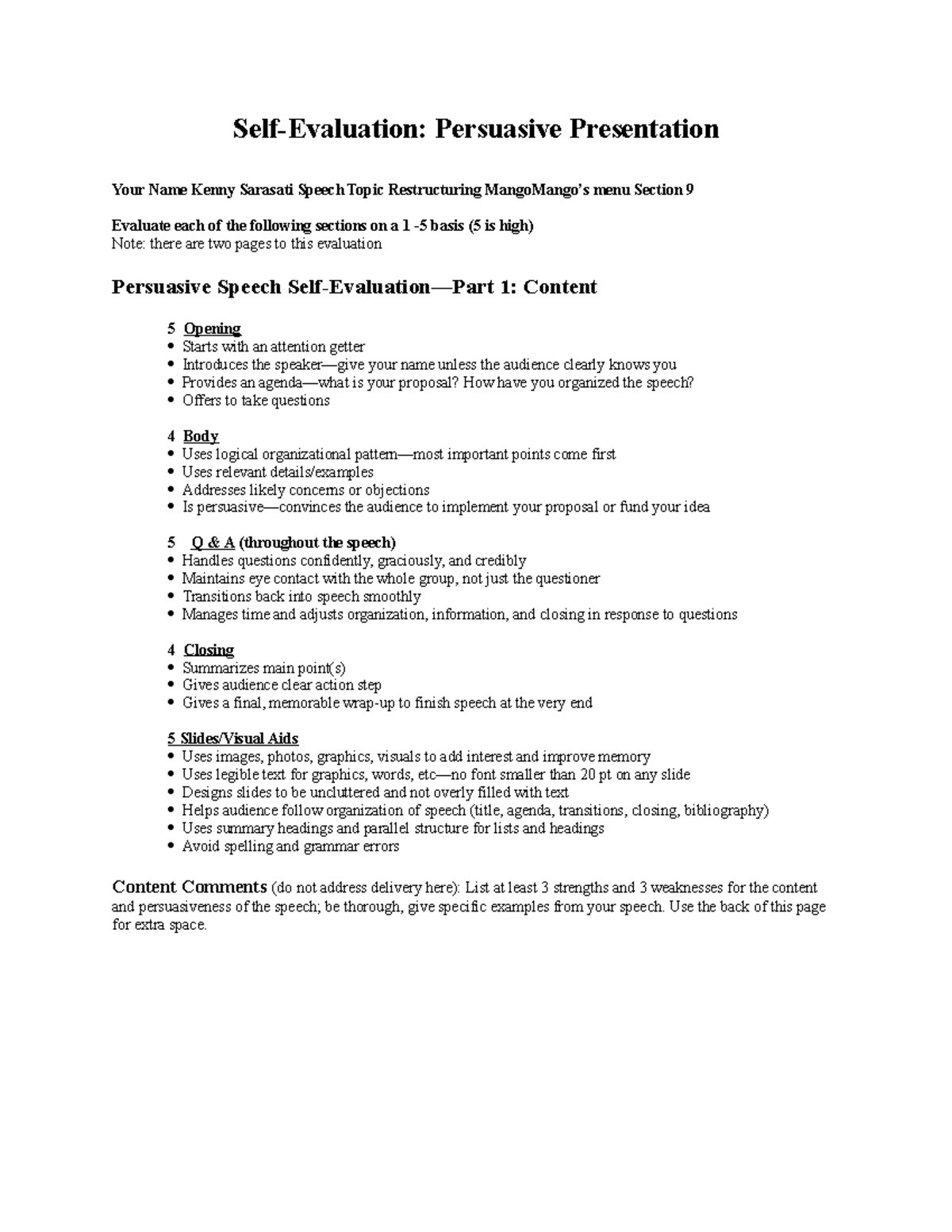 Persuasive Presentation Self Assessment-1 - Self-Evaluation: Persuasive ...