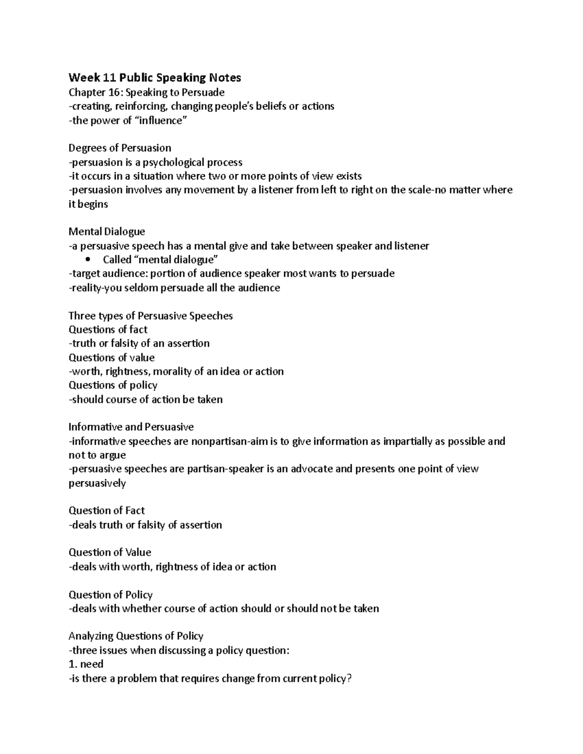 Week 11 Public Speaking Notes - need there a problem that requires ...