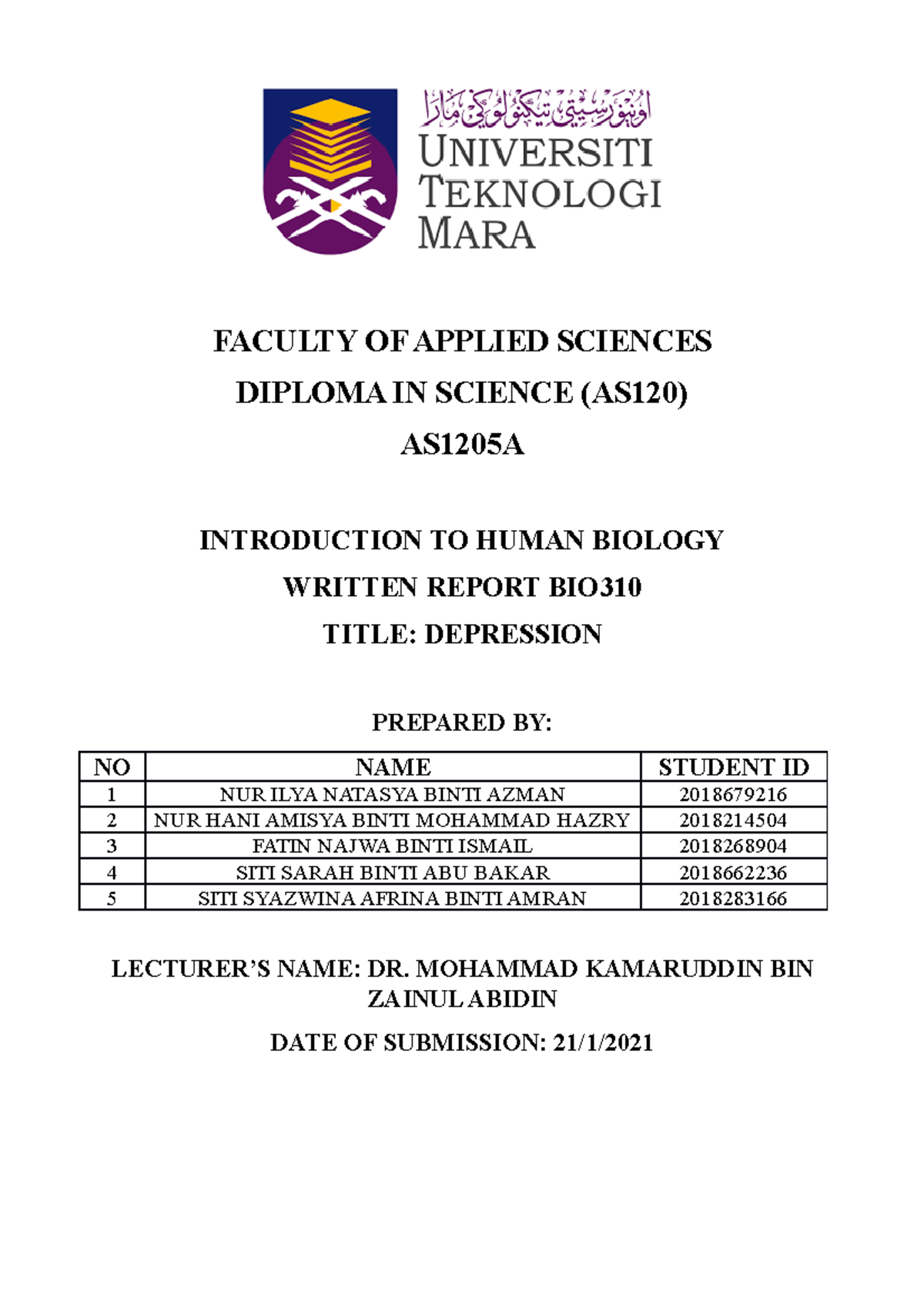 Written Report BIO310 (Depression) - Introduction To Human Biology ...