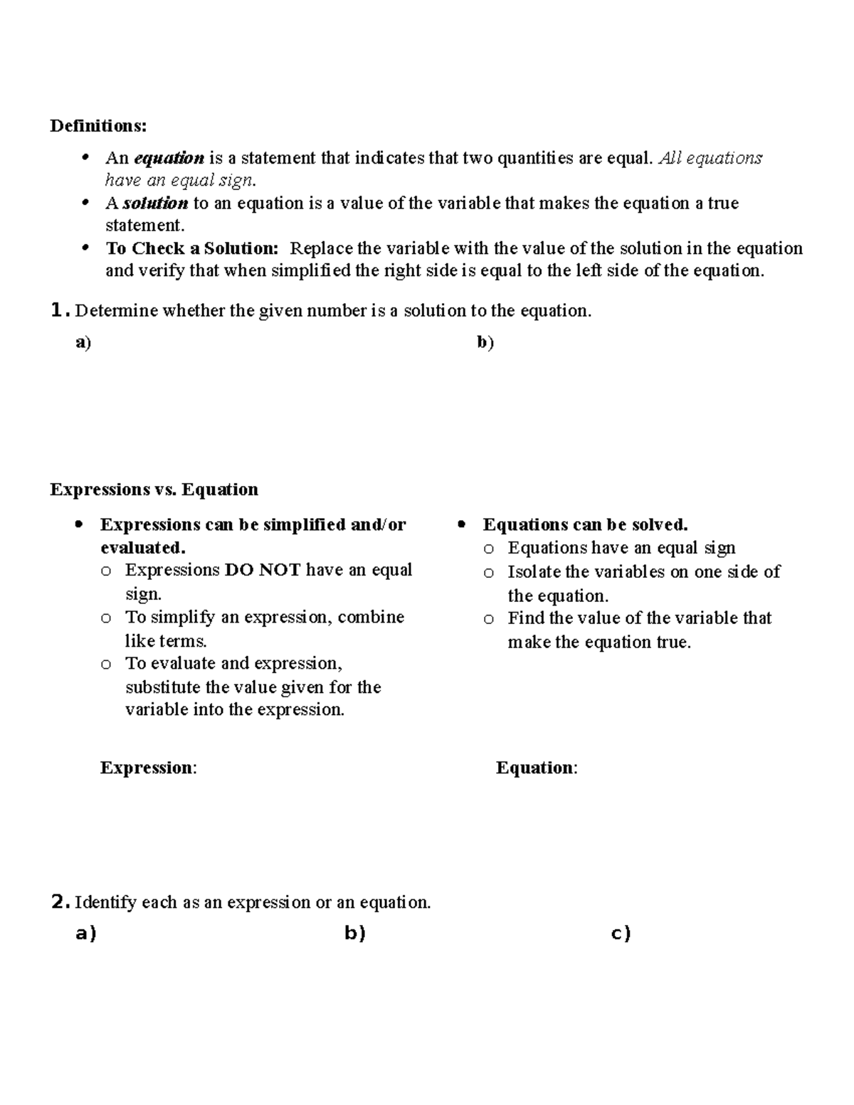 Solving Equations - Definitions: An equation is a statement that ...