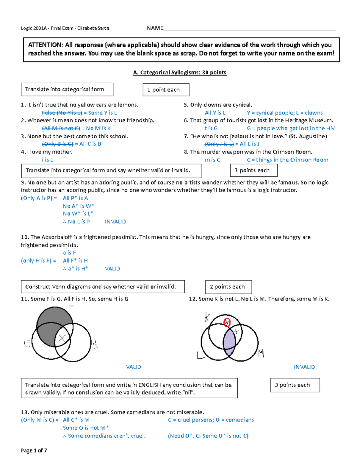 Final exam F17 prac 2 key - Logic 2001A - Final Exam - Elisabeta Sarca ...