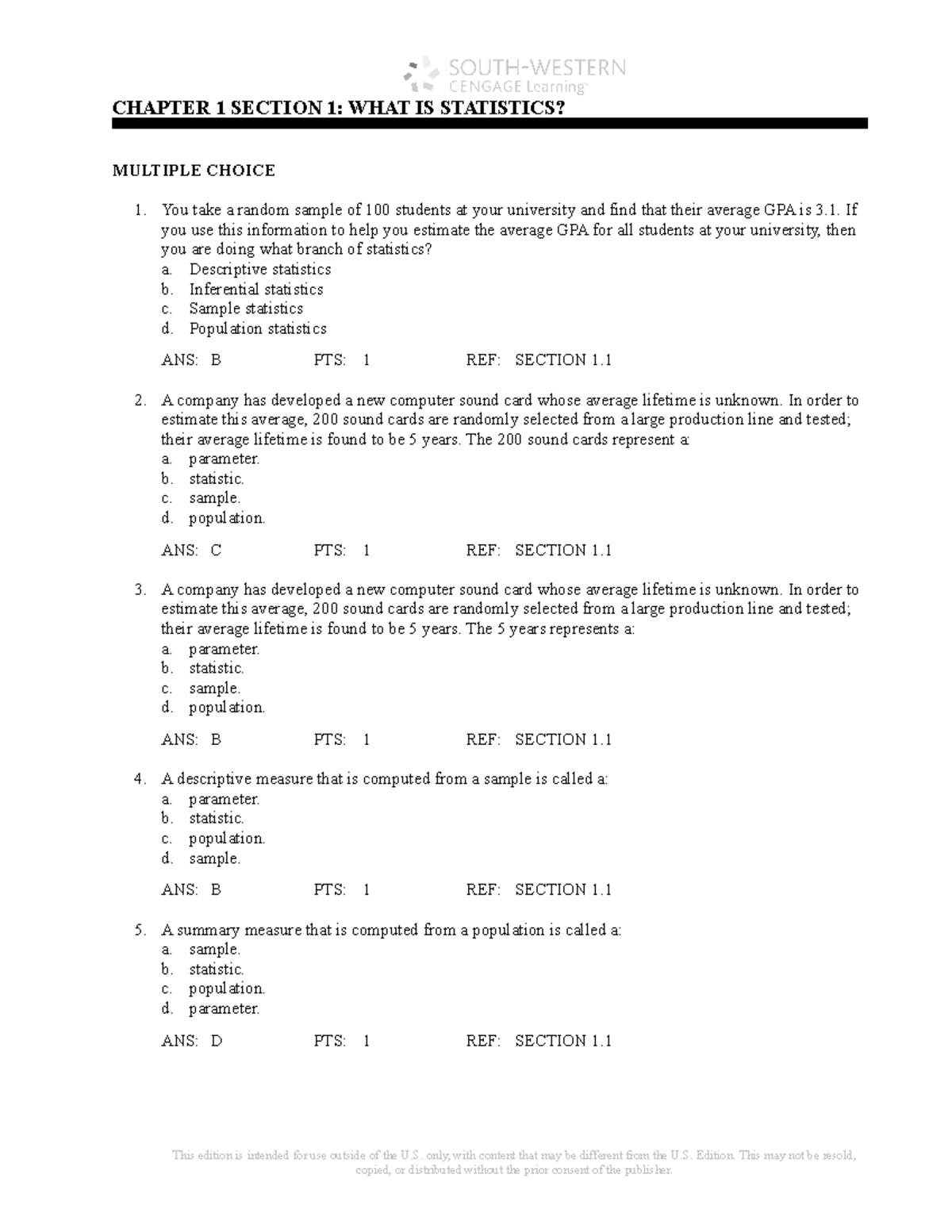 Ch01 Sect01 Keller MS AISE TB - CHAPTER 1 SECTION 1: WHAT IS STATISTICS? MULTIPLE CHOICE You ...
