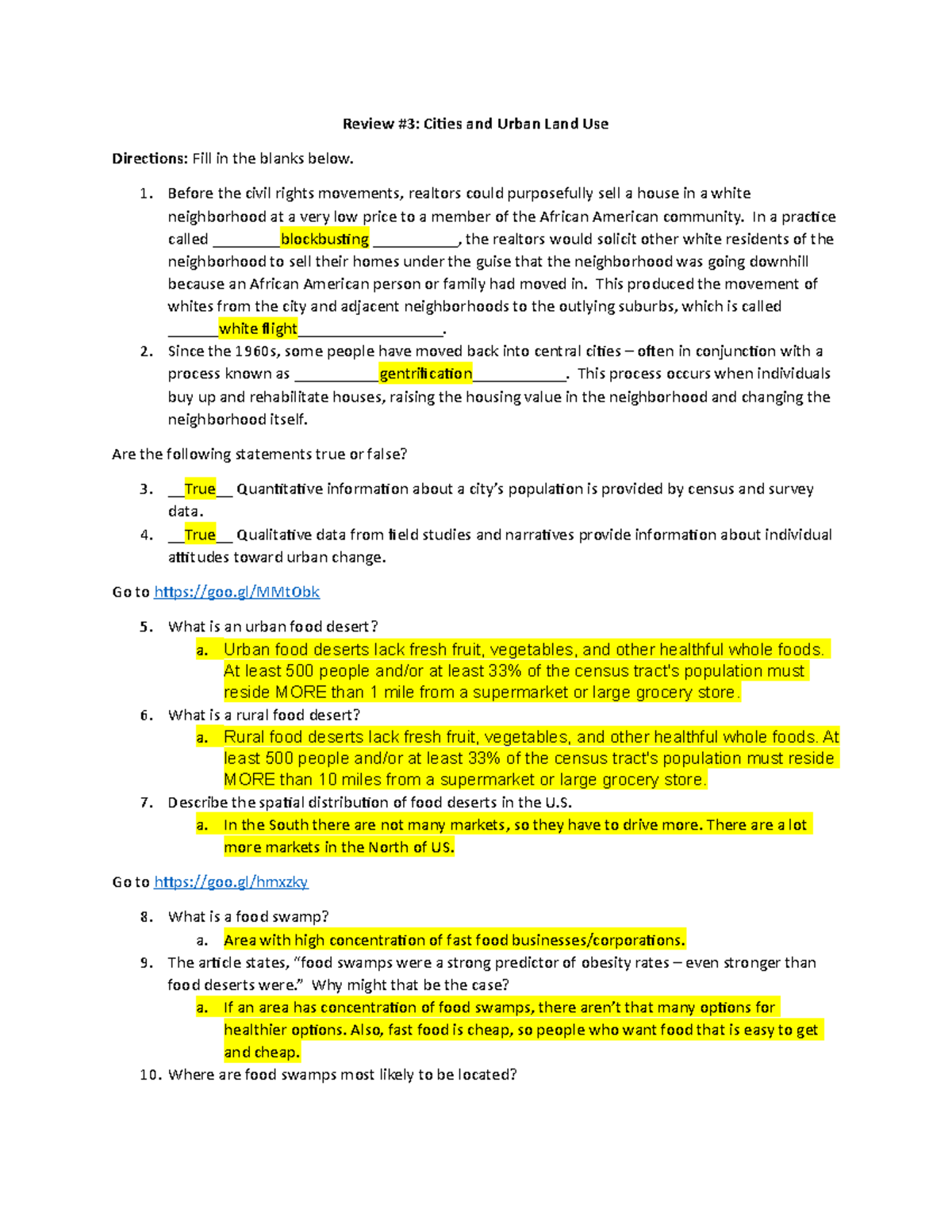 GRADED Cities and Urban Land Use - Review Worksheet #3 - Review #3 ...