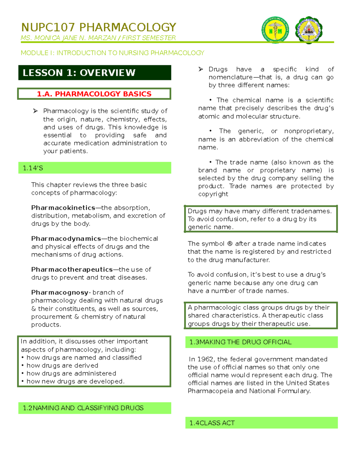 Pharma - Module I - SIZE 11 - MS. MONICA JANE N. MARZAN / FIRST SEMESTER MODULE I: INTRODUCTION ...