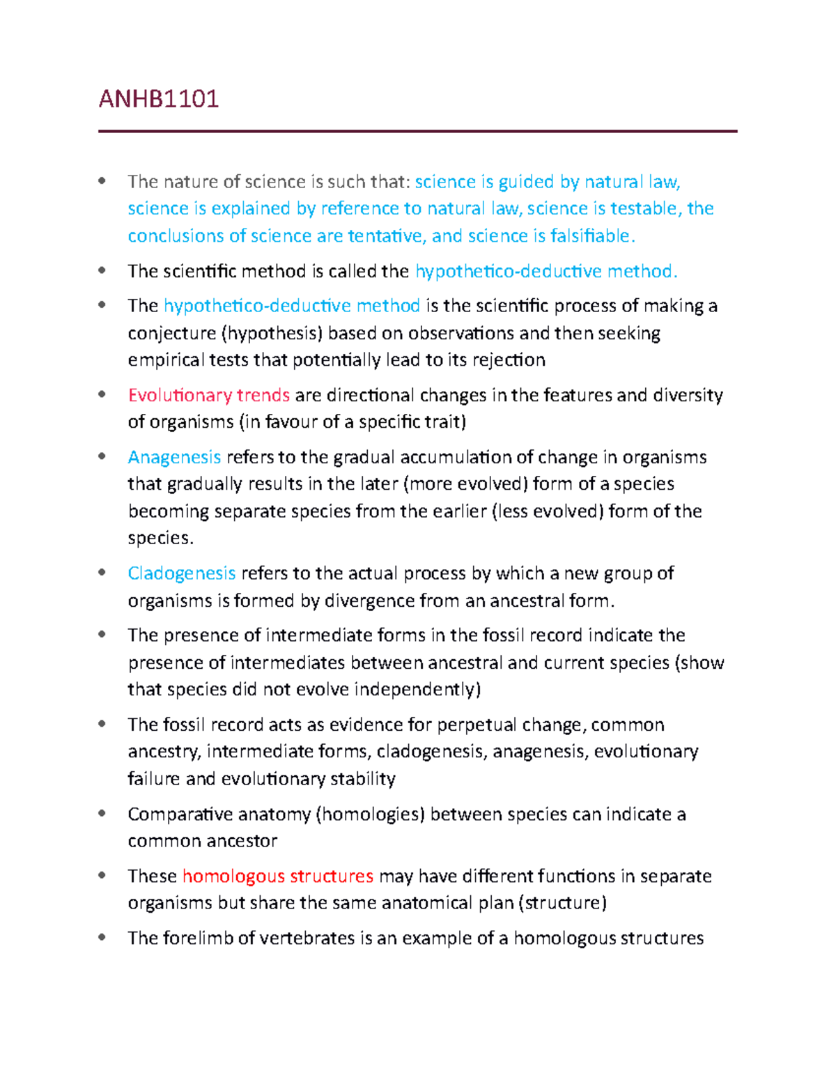 ANHB1101 Notes 2016 - ANHB1101 The nature of science is such that ...