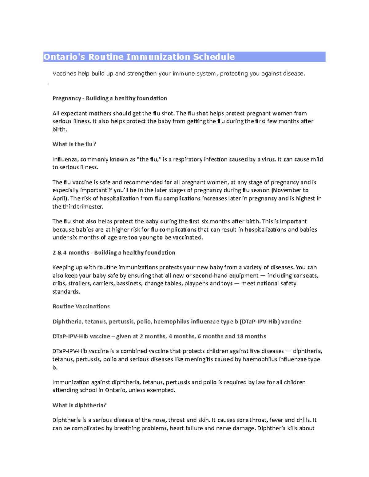 Ontario Schedule for Immunization 1 - Ontario's Routine Immunization ...