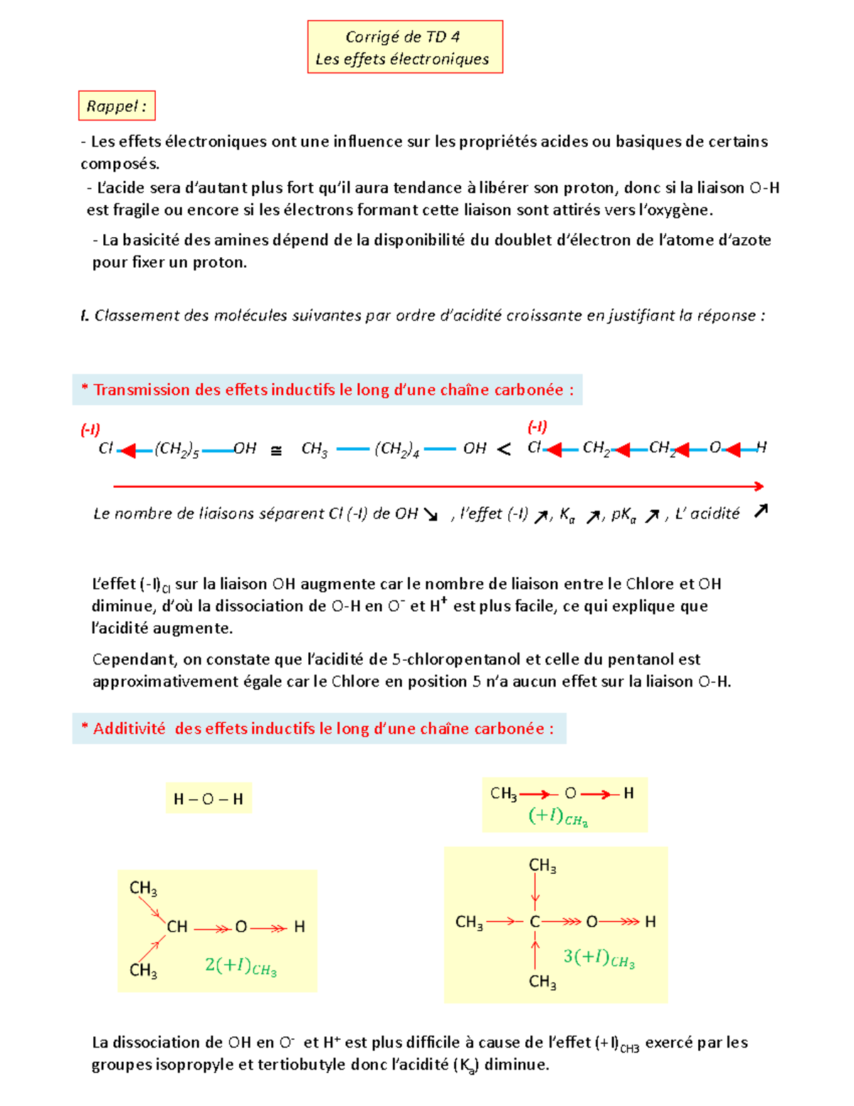 Corrigé de TD 4 Les effets électroniques - L’acide sera d’autant plus fort qu’il aura tendance à ...